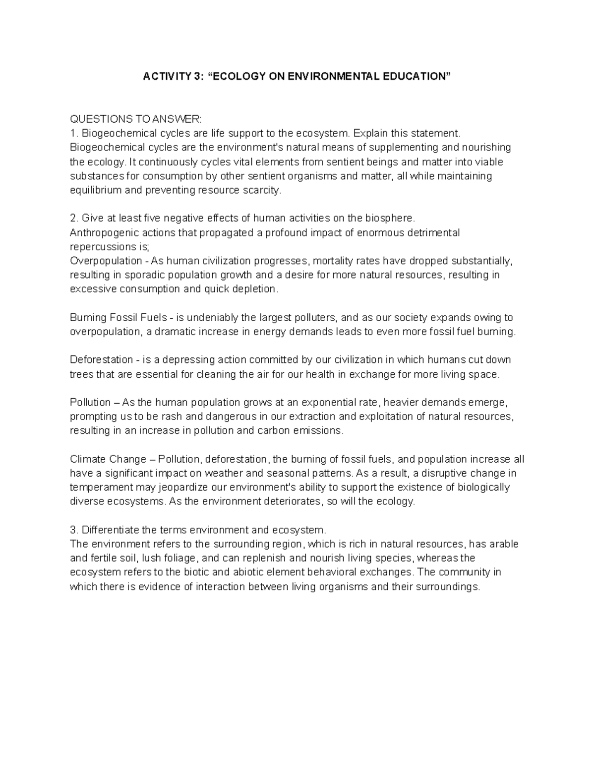 ACTIVITY 3: “ECOLOGY ON ENVIRONMENTAL EDUCATION” - ACTIVITY 3: “ECOLOGY ...