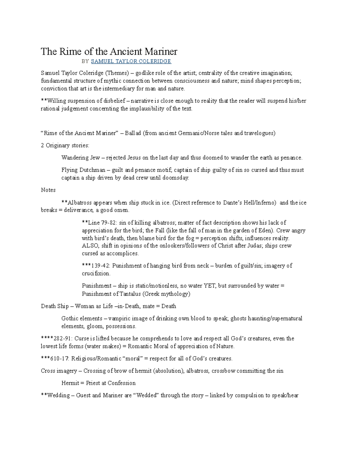 Coleridge Rime Notes - The Rime of the Ancient Mariner BY SAMUEL TAYLOR ...