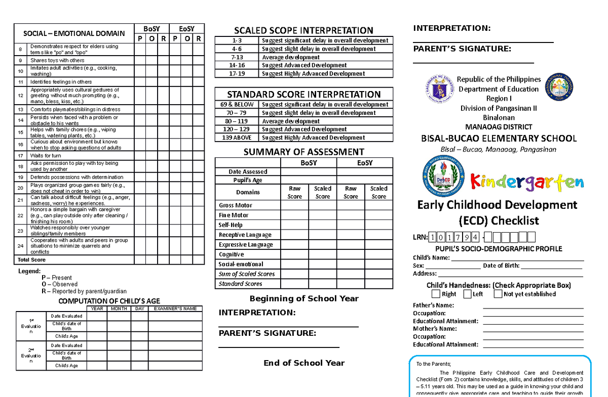 ECCD Checklist Record SOCIAL EMOTIONAL DOMAIN BoSY EoSY P O R P O
