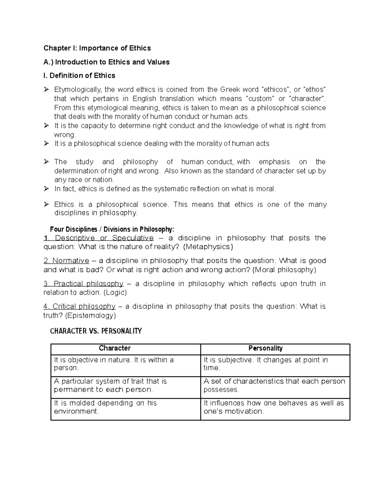 Chapter 1 - ethics - Chapter I: Importance of Ethics A.) Introduction to Ethics and Values I ...