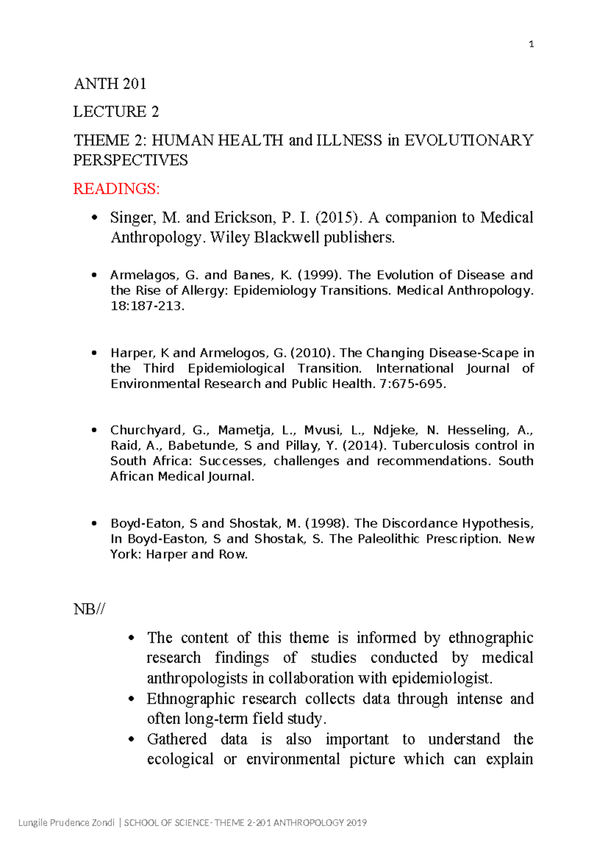 Theme 2 Human Health and Illness in Evolutionary Perspectives - ANTH ...