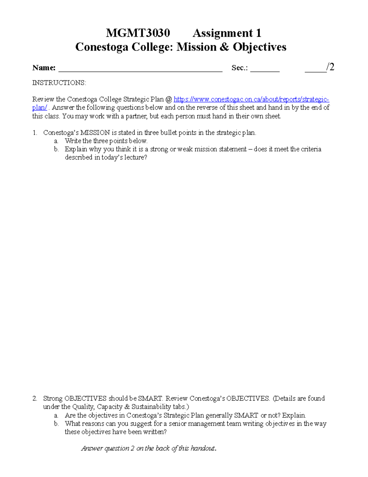 MGMT3030 Assignment 1 - : _______ ____/ INSTRUCTIONS: Review the ...