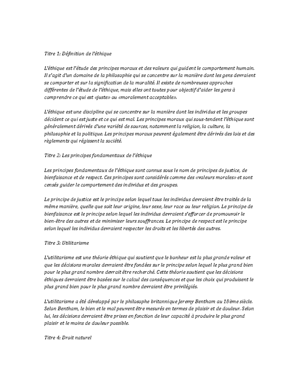 Ethics Notes de cours - Titre 1: Définition de l'éthique L'éthique est ...