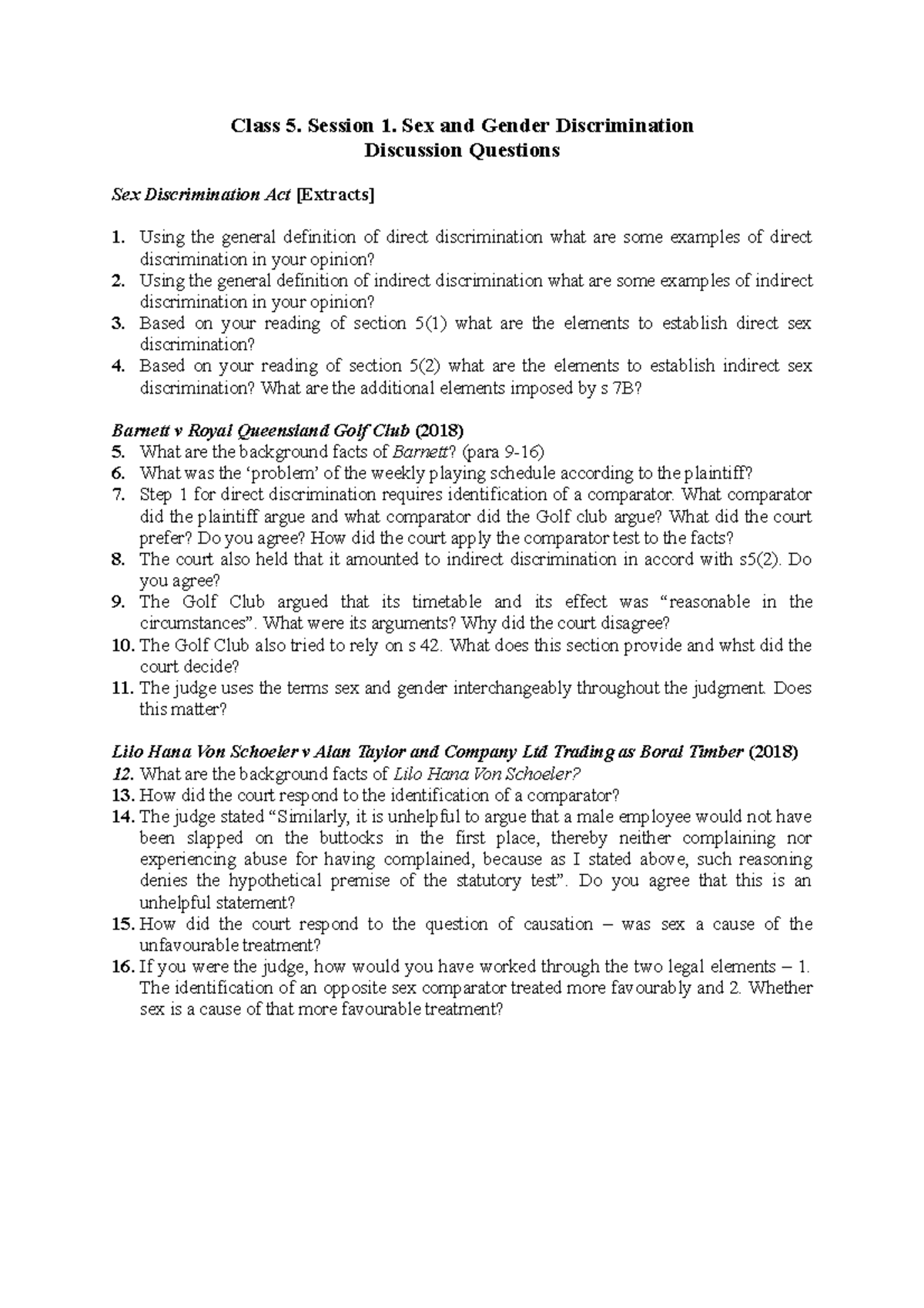 Class 5. Session 1. Sex and Gender Discrimination. Discussion Questions ...