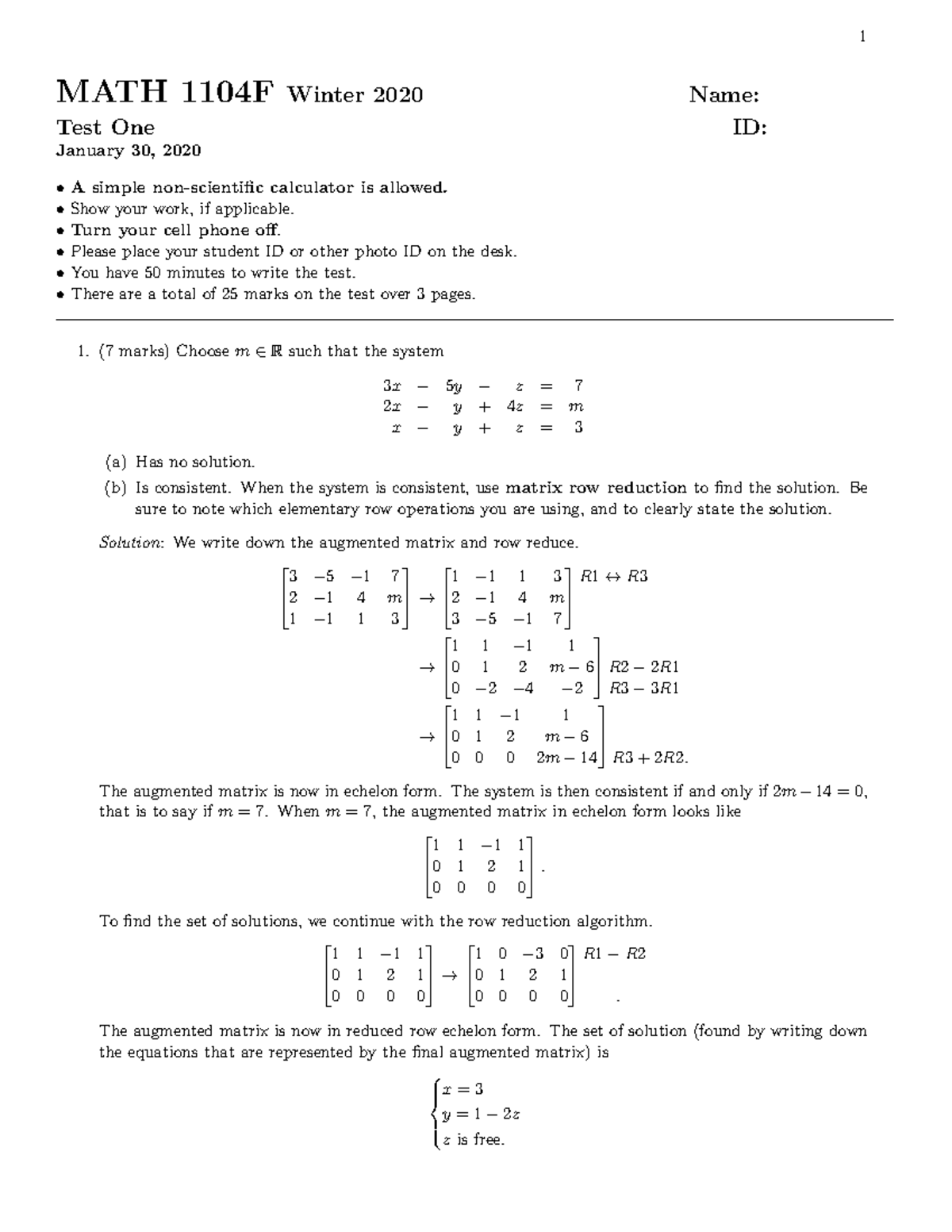 Test 1, answers - MATH 1104F Winter 2020 Name: Test One ID: January 30 ...