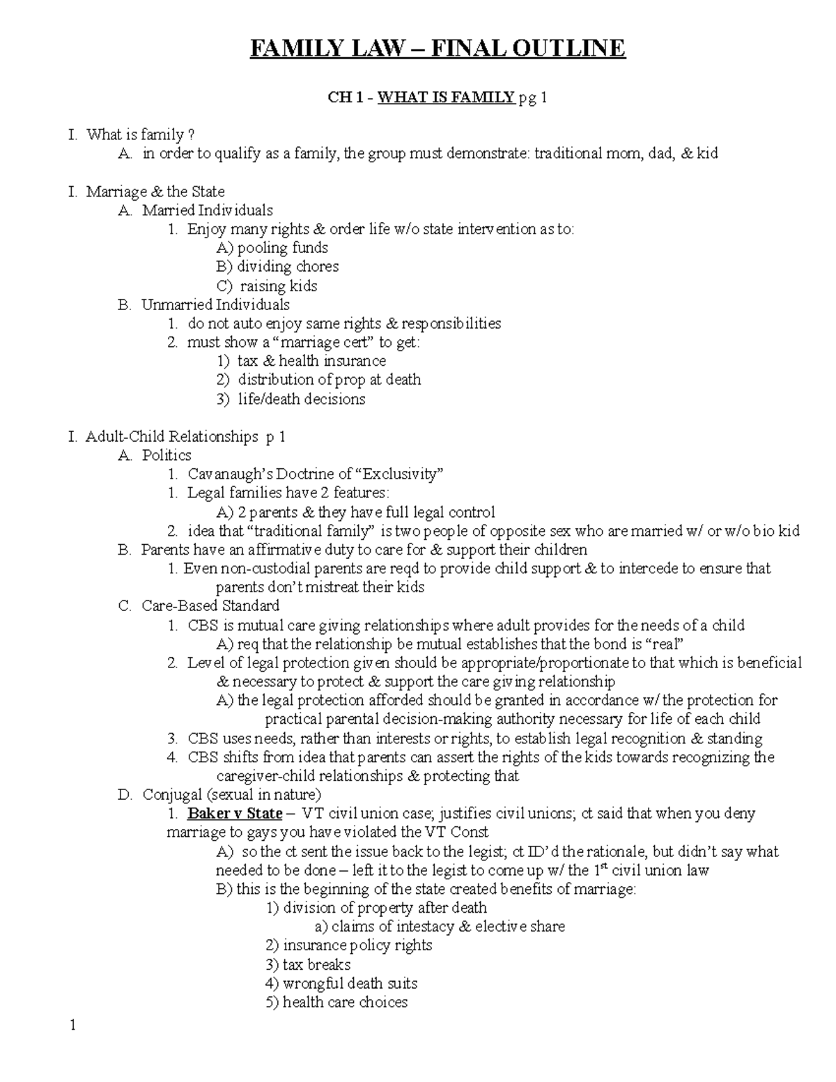 Family law outline - FAMILY LAW – FINAL OUTLINE CH 1 - WHAT IS FAMILY ...