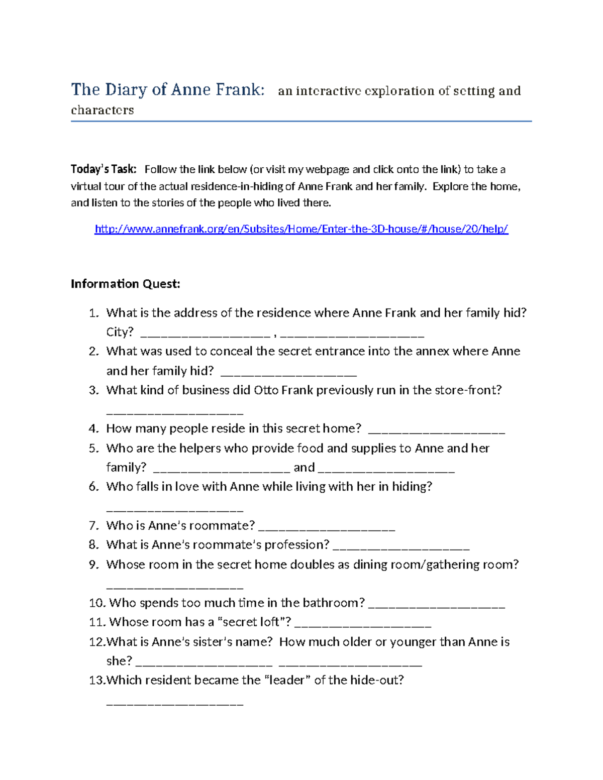 Anne Frank virtual tour and scavenger hunt-2 - The Diary of Anne Frank ...