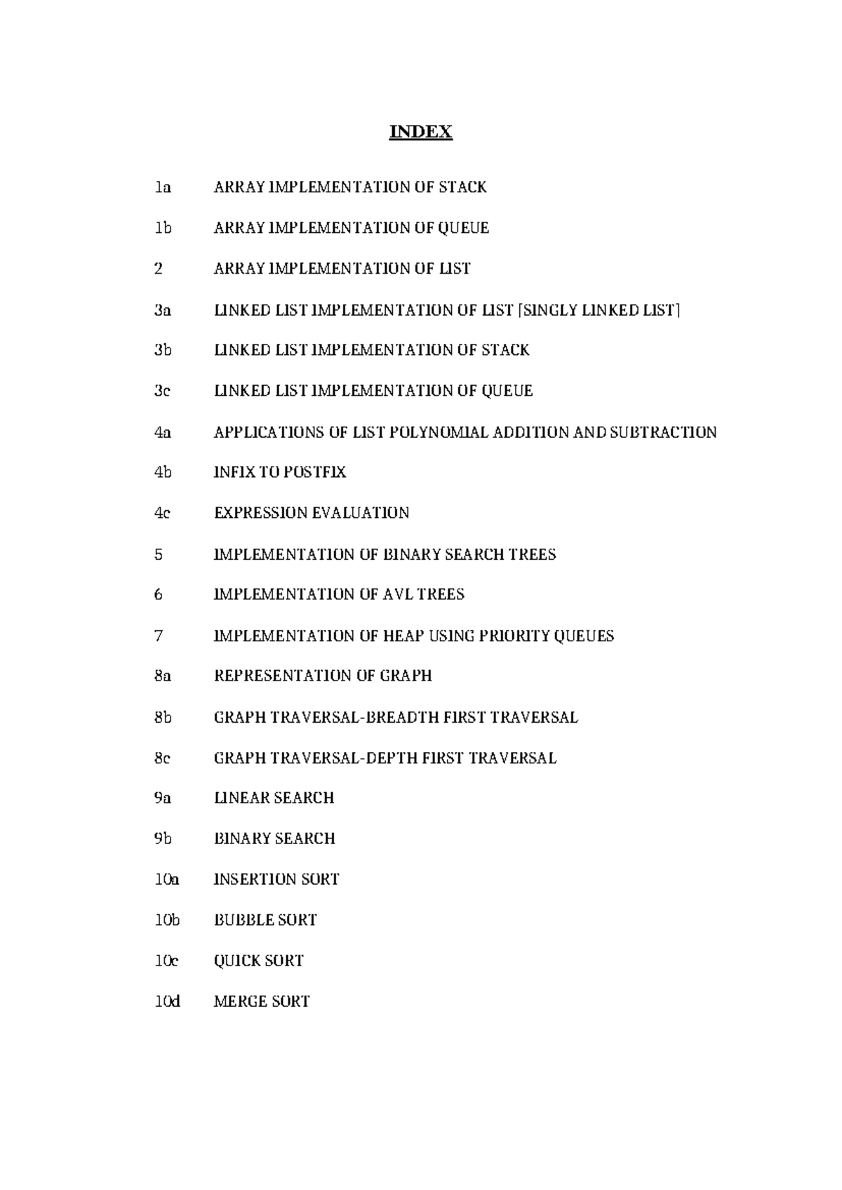 Data Structures Using C Lab Manual Index 1a Array Implementation Of
