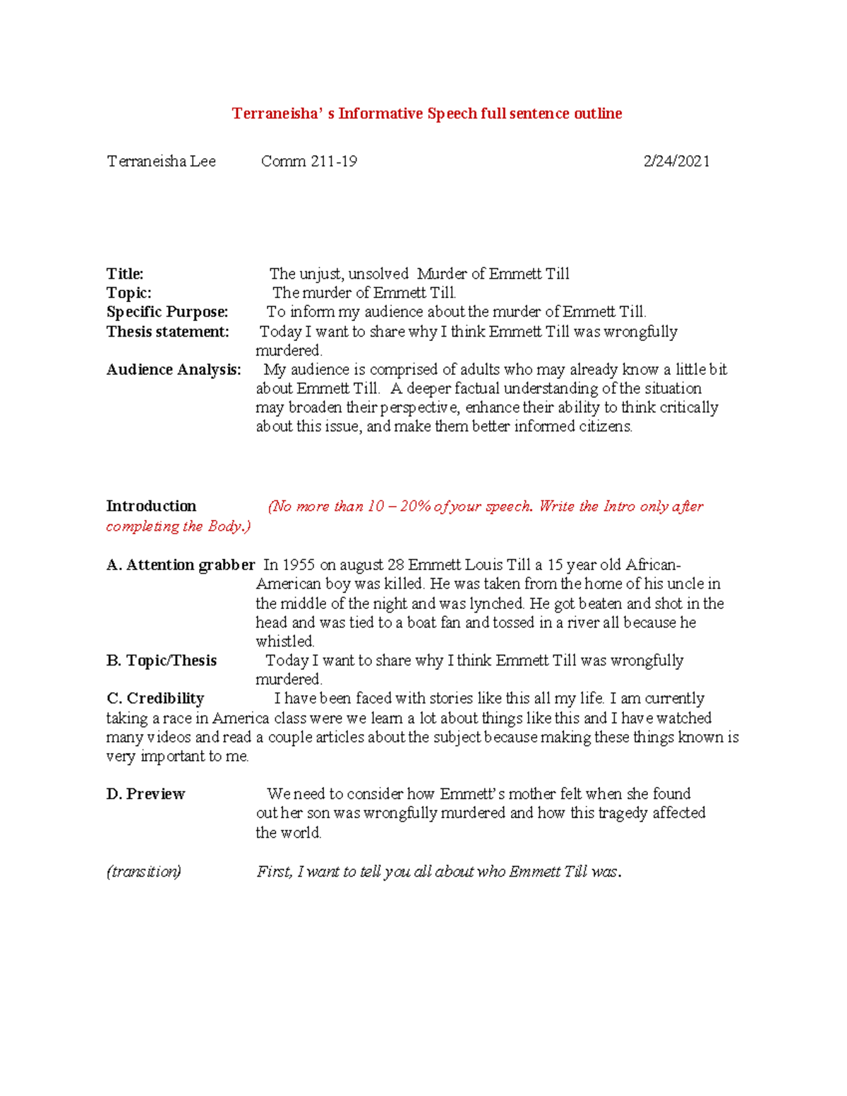 Example Full Sentence Outline Informative Speech - Terraneisha’ s ...