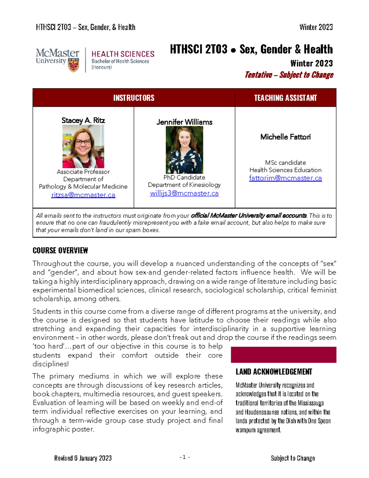 Hthsci 2T03 Course Outline Tentative - 6Jan2023 - HTHSCI 2T03 Sex ...