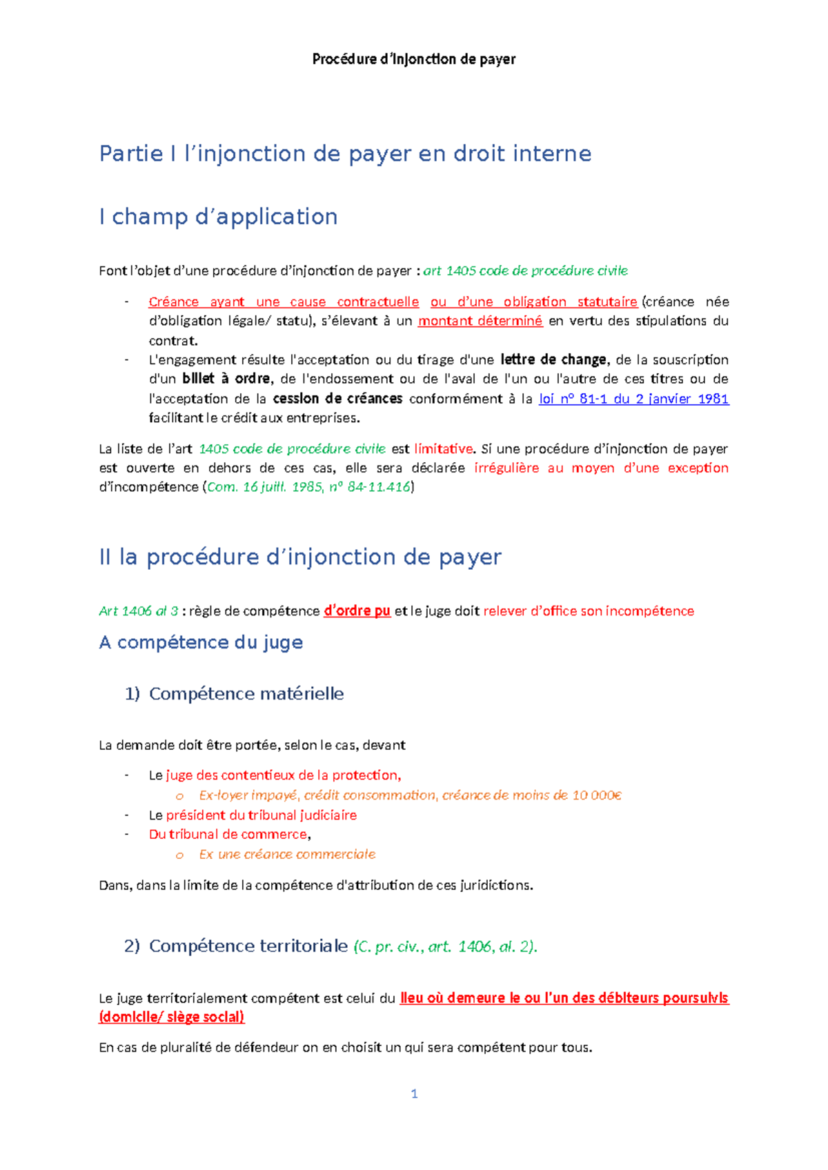 procédure Injonction de payer - Partie I l’injonction de payer en droit interne I champ - Studocu