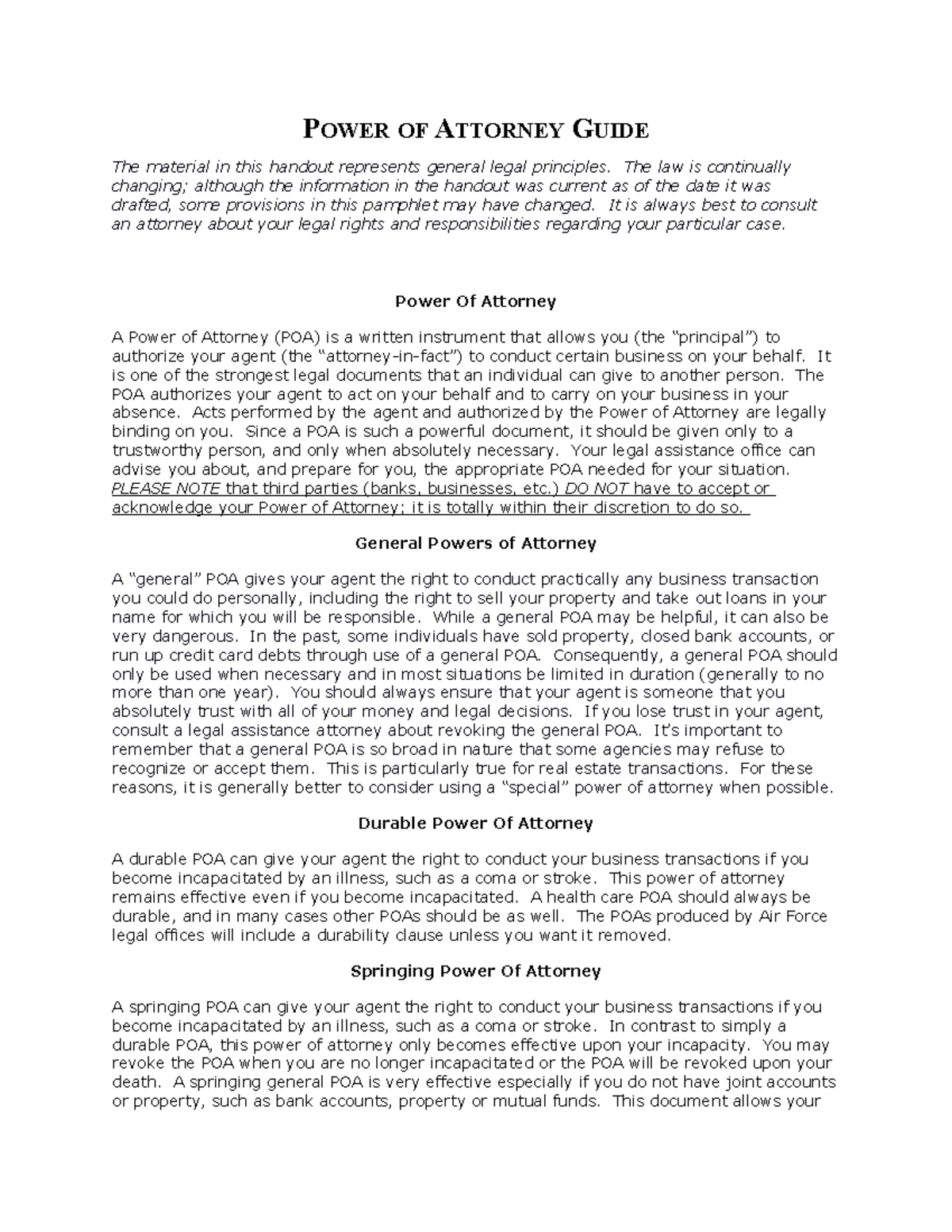 Power of attorney guide - m - jan 11 - POWER OF ATTORNEY GUIDE The ...