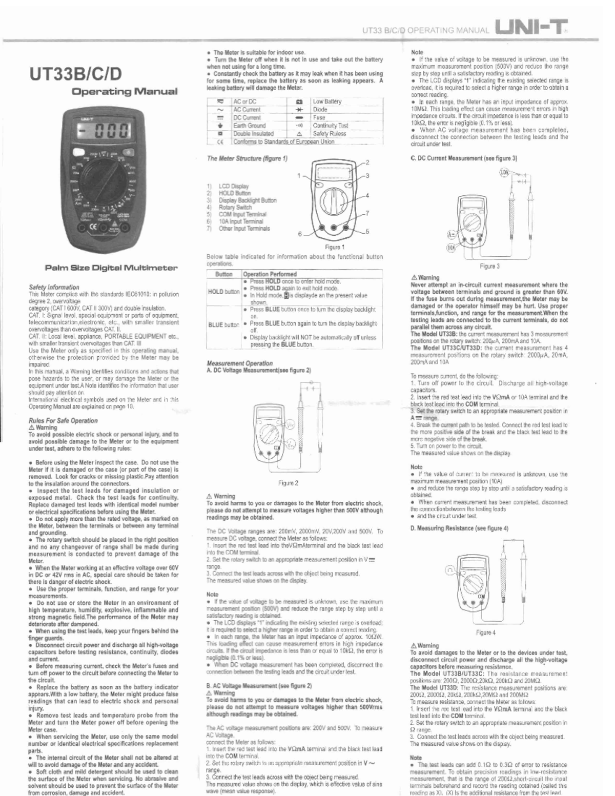 UNI-T Palm Size Digital Multimeter UT33 Series - UT33 B/C/D OPERATING ...