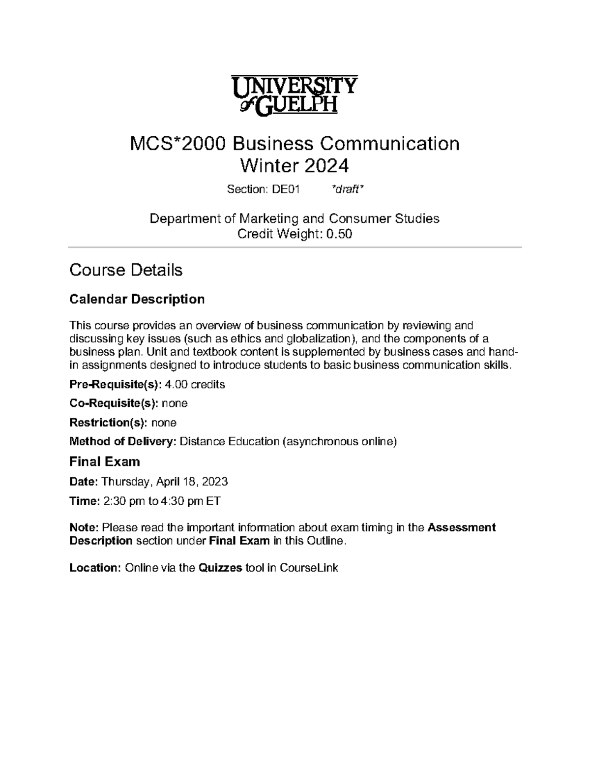 Outline MCS2000 DE01 W24 - MCS*2000 Business Communication Winter 2024 ...