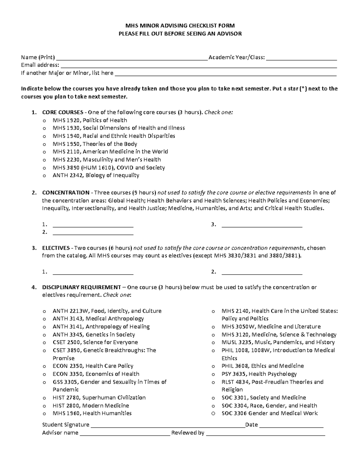 MHS-Minor-Checklist - MHS minor - MHS MINOR ADVISING CHECKLIST FORM ...