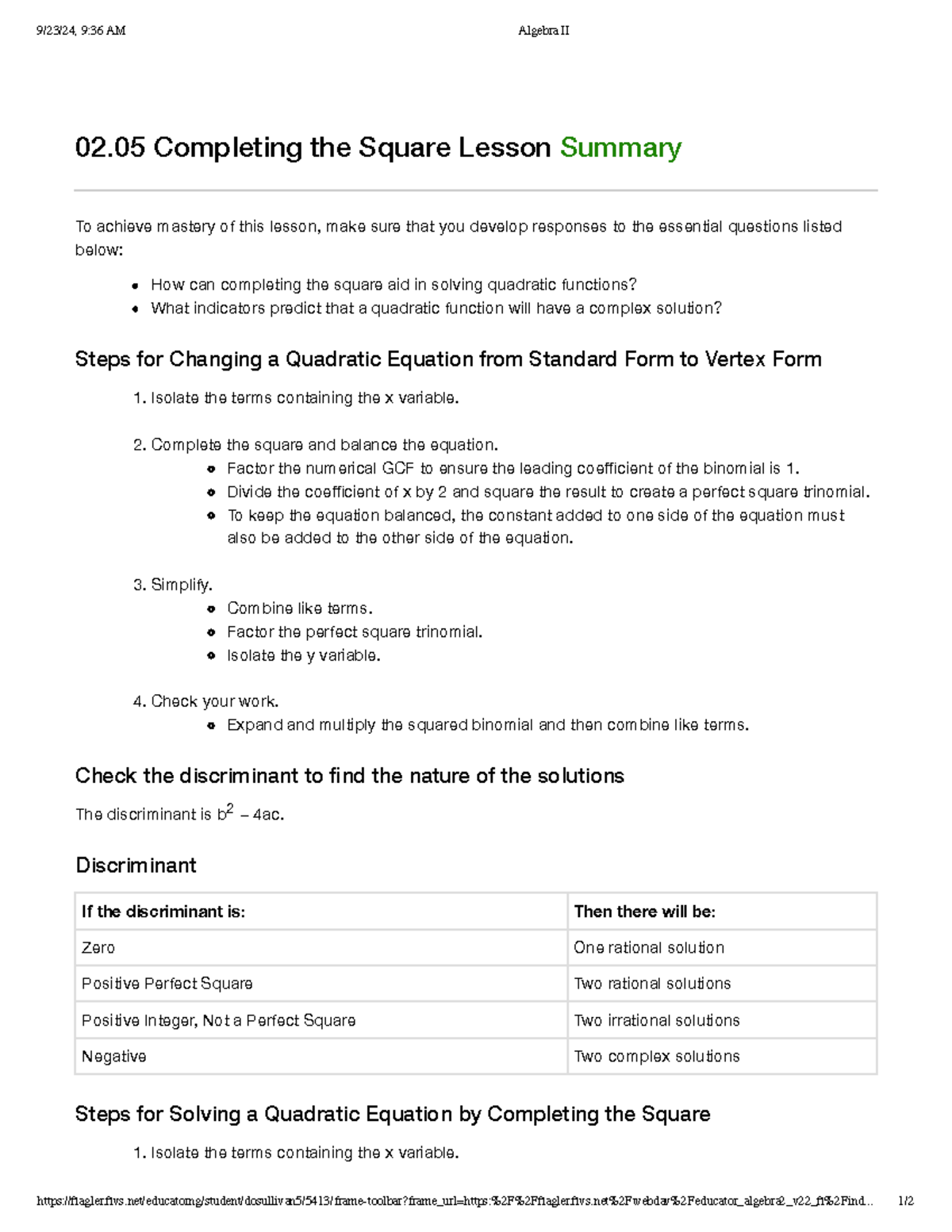 2 - math - 02 Completing the Square Lesson Summary To achieve mastery ...