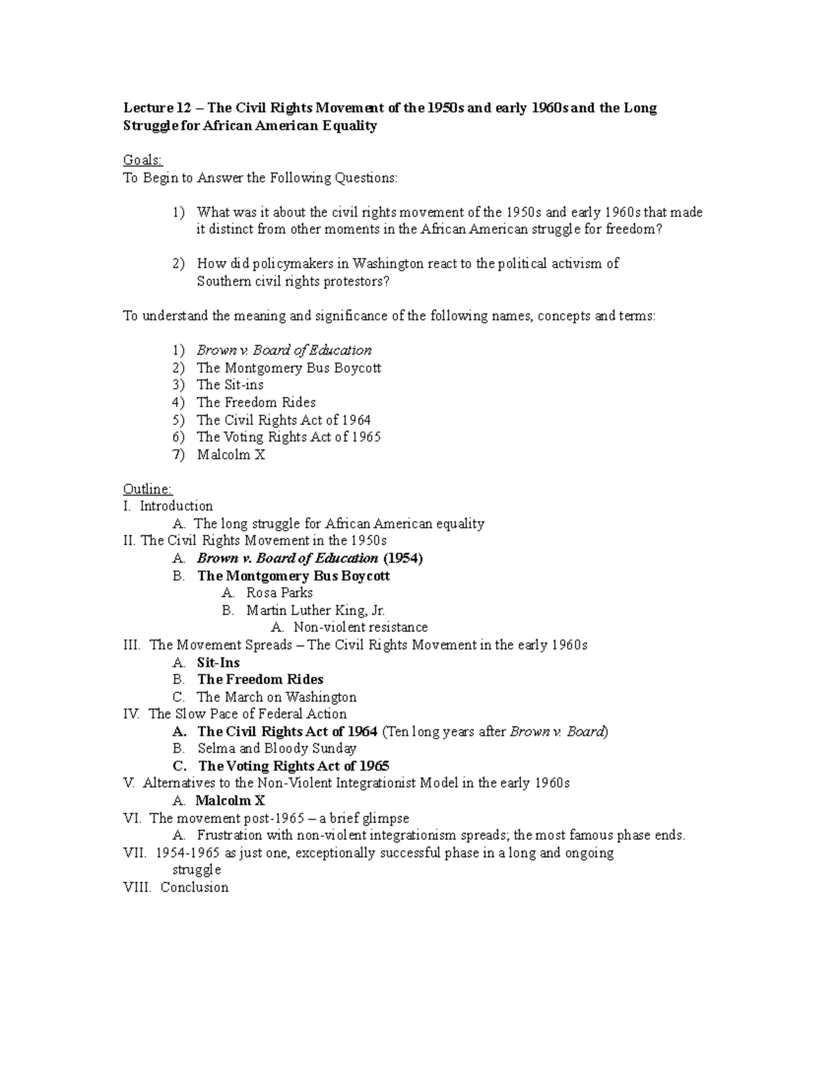 Lecture 12 outline - Lecture 12 – The Civil Rights Movement of the ...