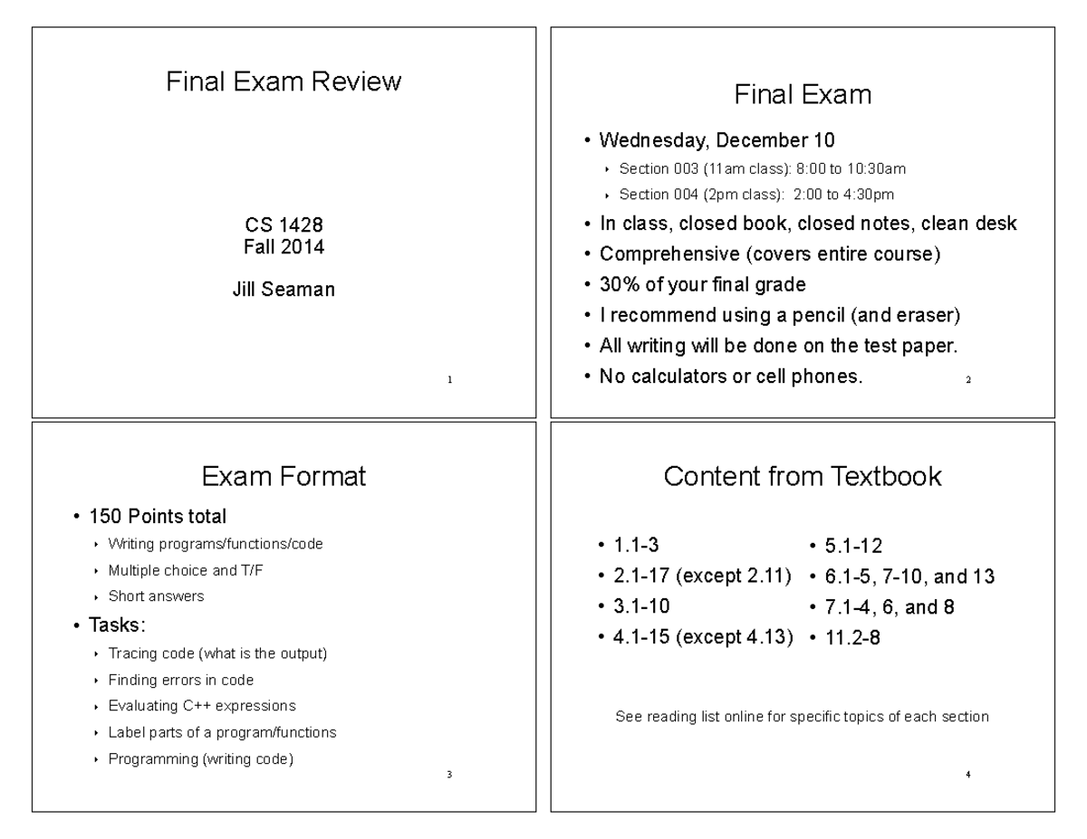 Final Exam Review- CS 1428 - Final Exam Review CS 1428 Fall 2014 Jill ...