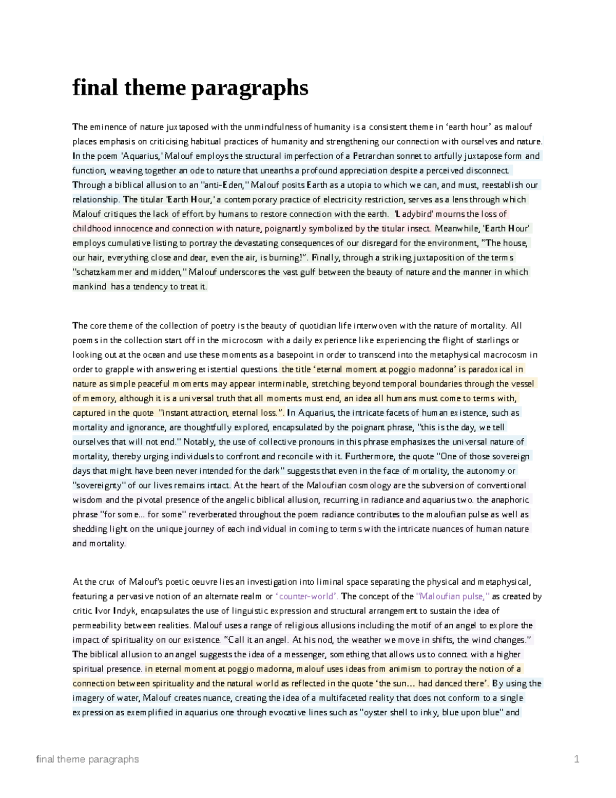 final theme paragraphs - In the poem 'Aquarius,' Malouf employs the ...