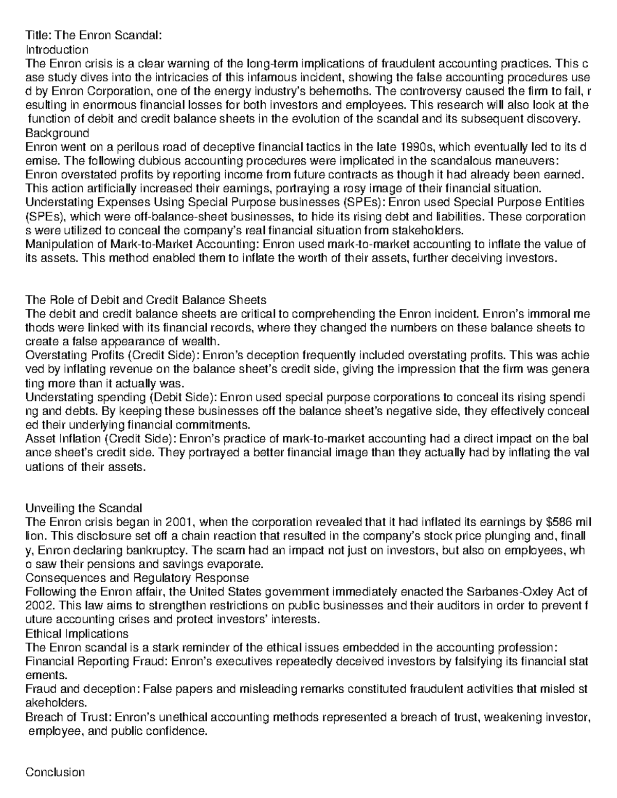 Casestudy - Case study on - Title: The Enron Scandal: Introduction The ...