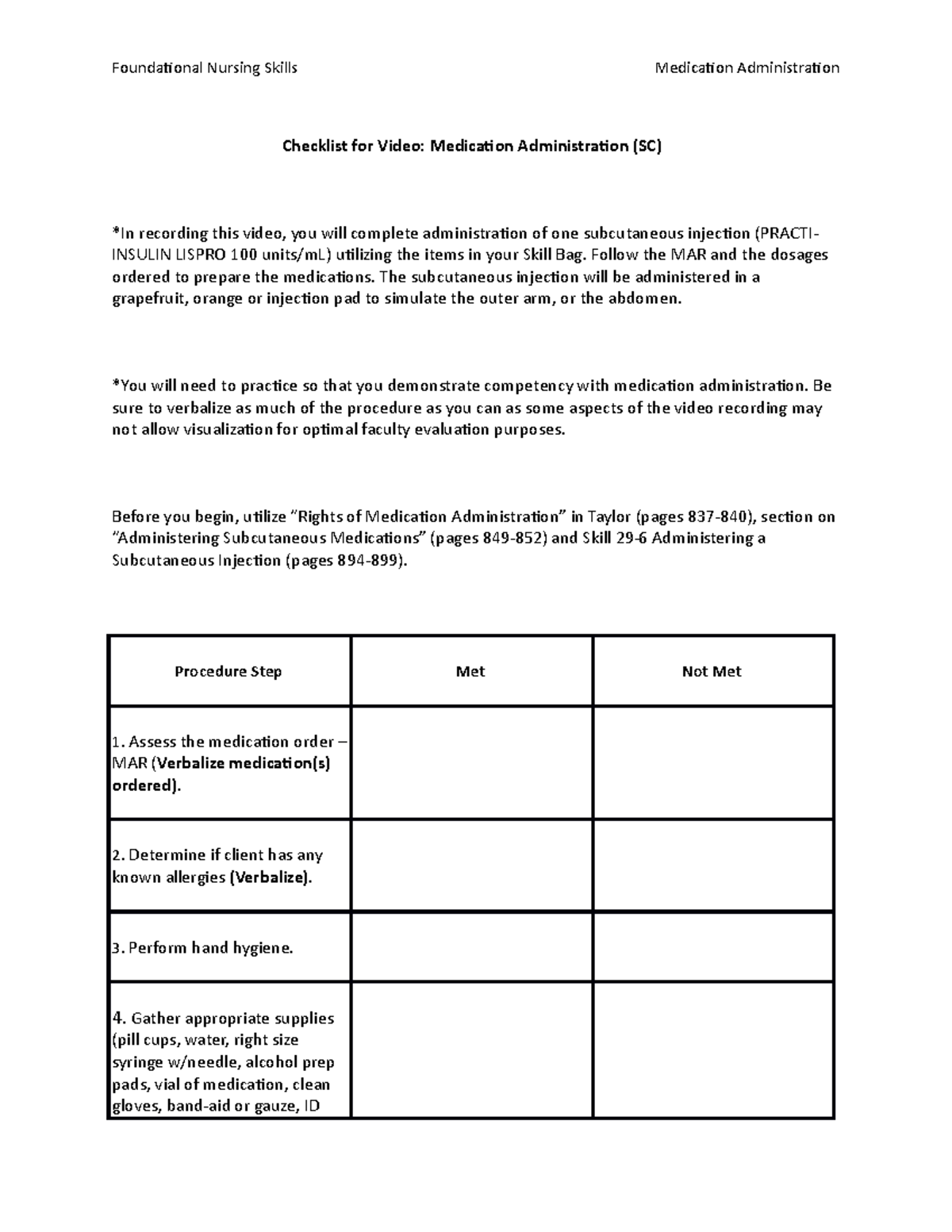 Checklist for SC Video - Checklist for Video: Medication Administration ...