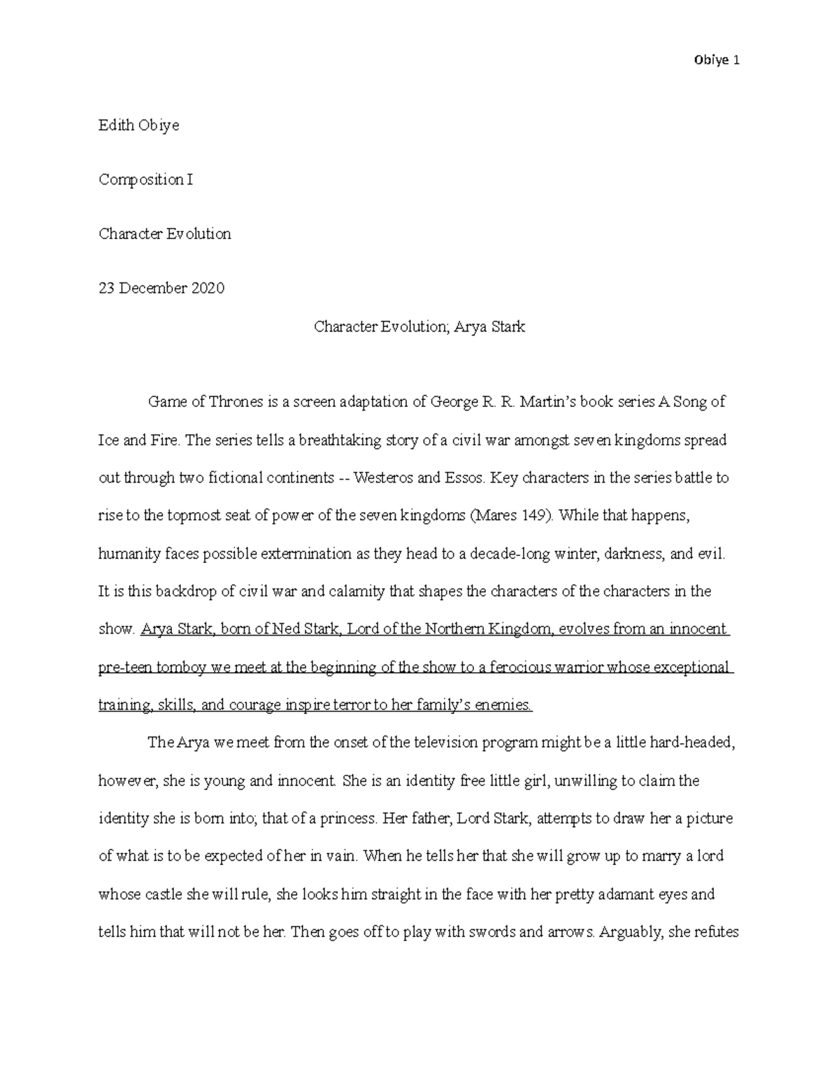 Edith Obiye Character Evolution Essay - Edith Obiye Composition I ...