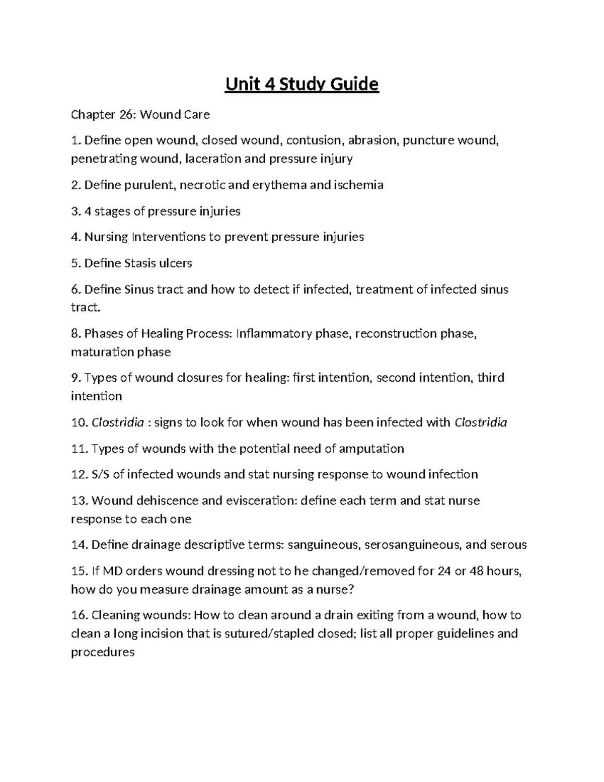 Unit 4 Study Guide skills - Unit 4 Study Guide Chapter 26: Wound Care ...