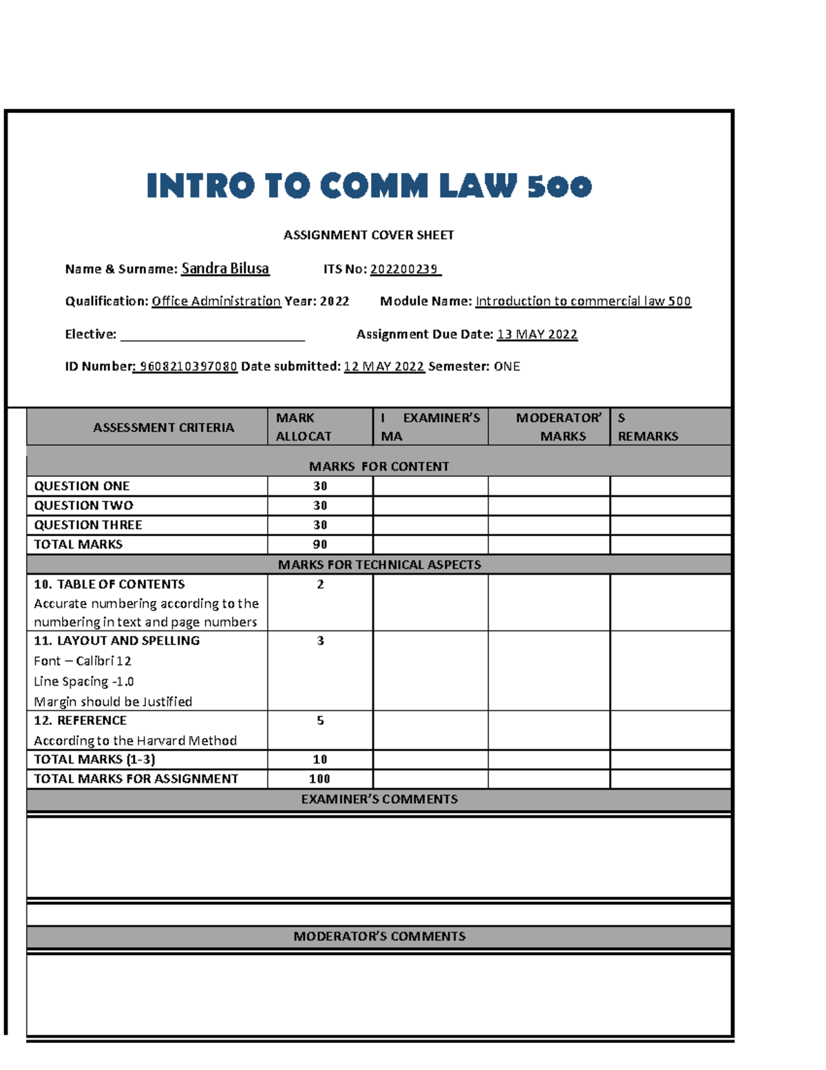 2022002 39 Intro TO COMM LAW 500 PDF - INTRO TO COMM LAW 500 ASSIGNMENT ...