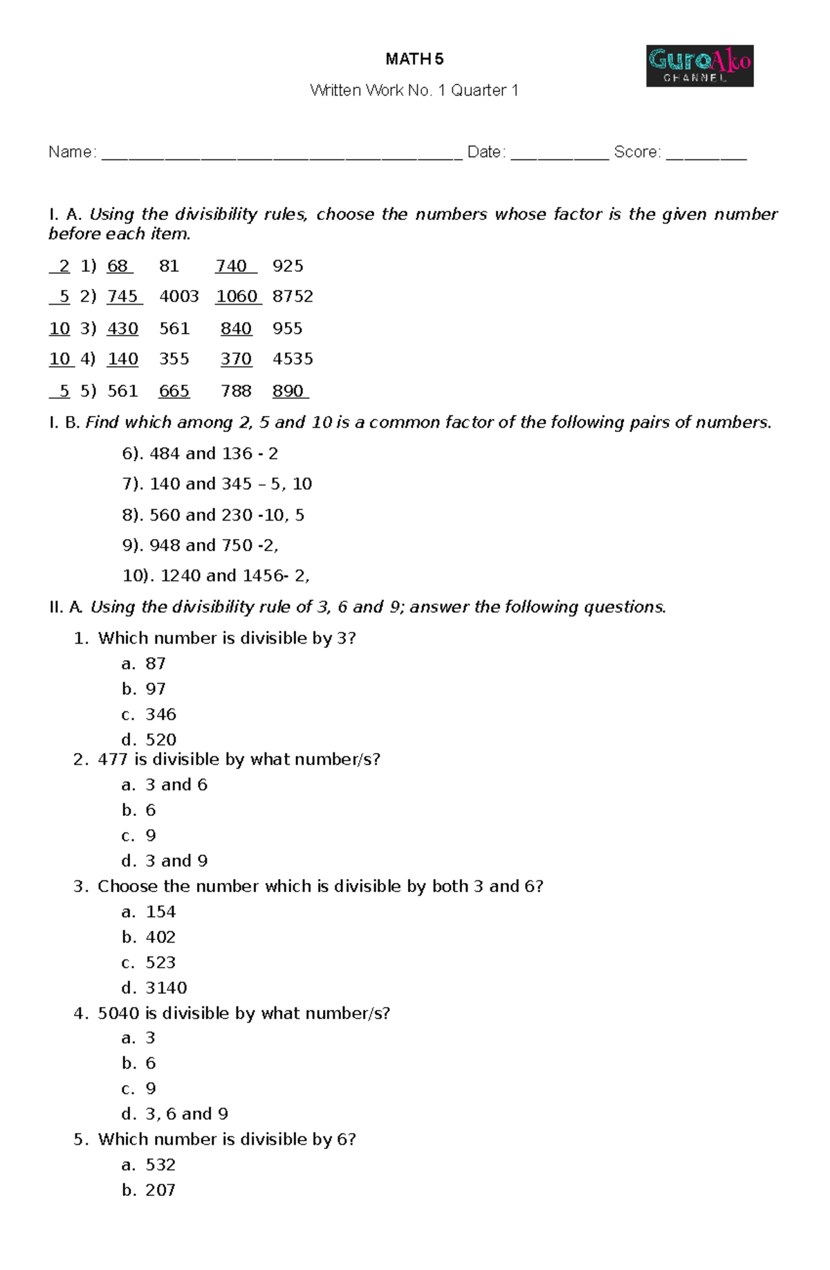 ST MATH 5 NO - MATH 5 Written Work No. 1 Quarter 1 Name