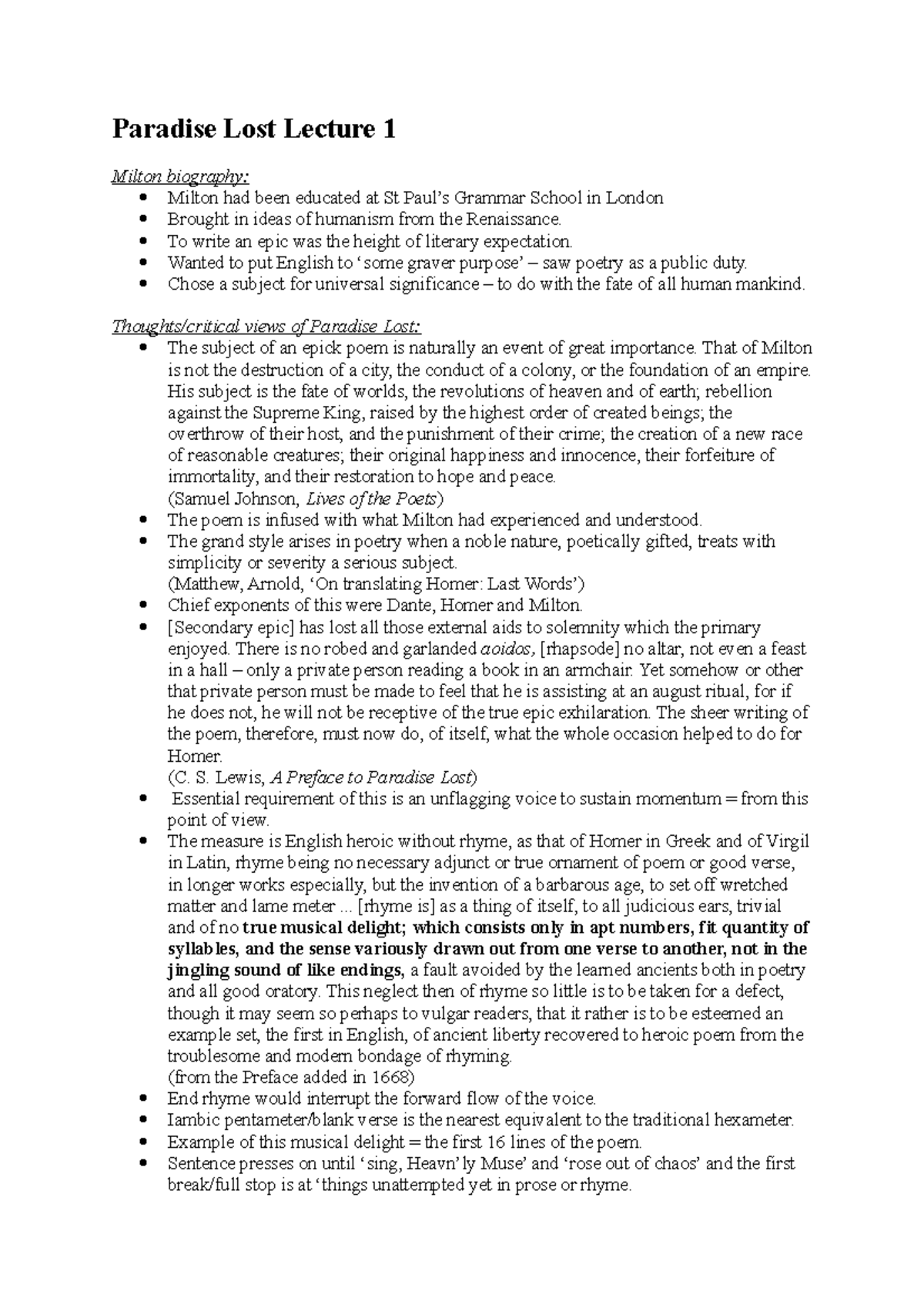 Paradise Lost Lecture 1 - To write an epic was the height of literary ...