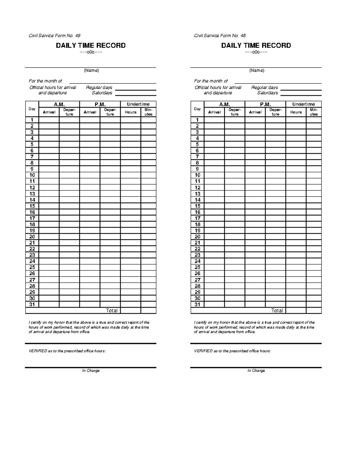 CSC Form 48 Daily Time Record DTR - Civil Service Form No. 48 DAILY ...