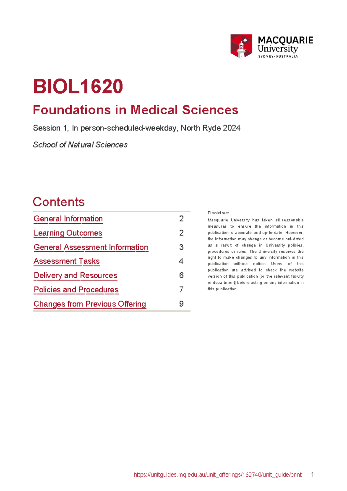 Unit Guide - BIOL Foundations in Medical Sciences Session 1, In person ...