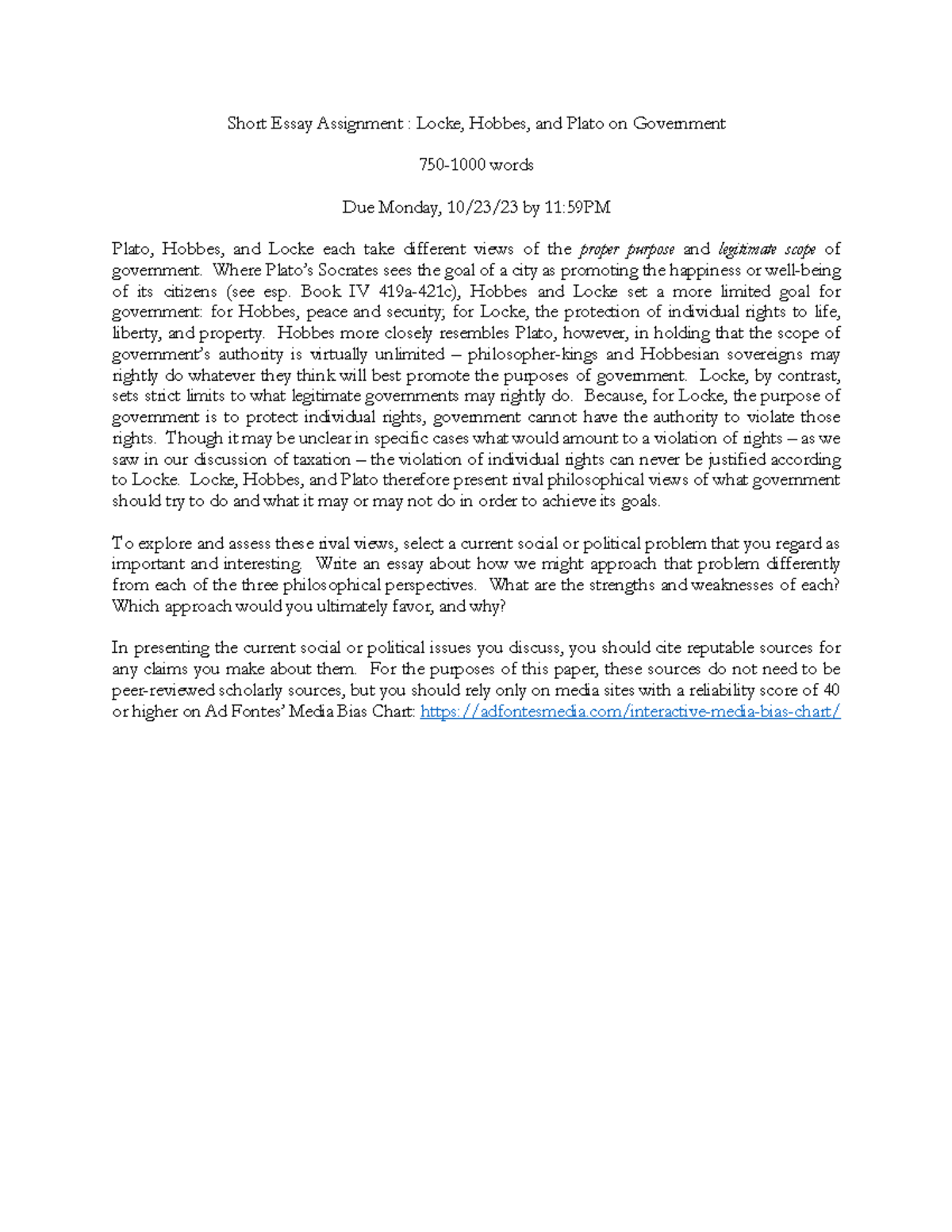 Short Essay 2 - yuh - Short Essay Assignment : Locke, Hobbes, and Plato ...