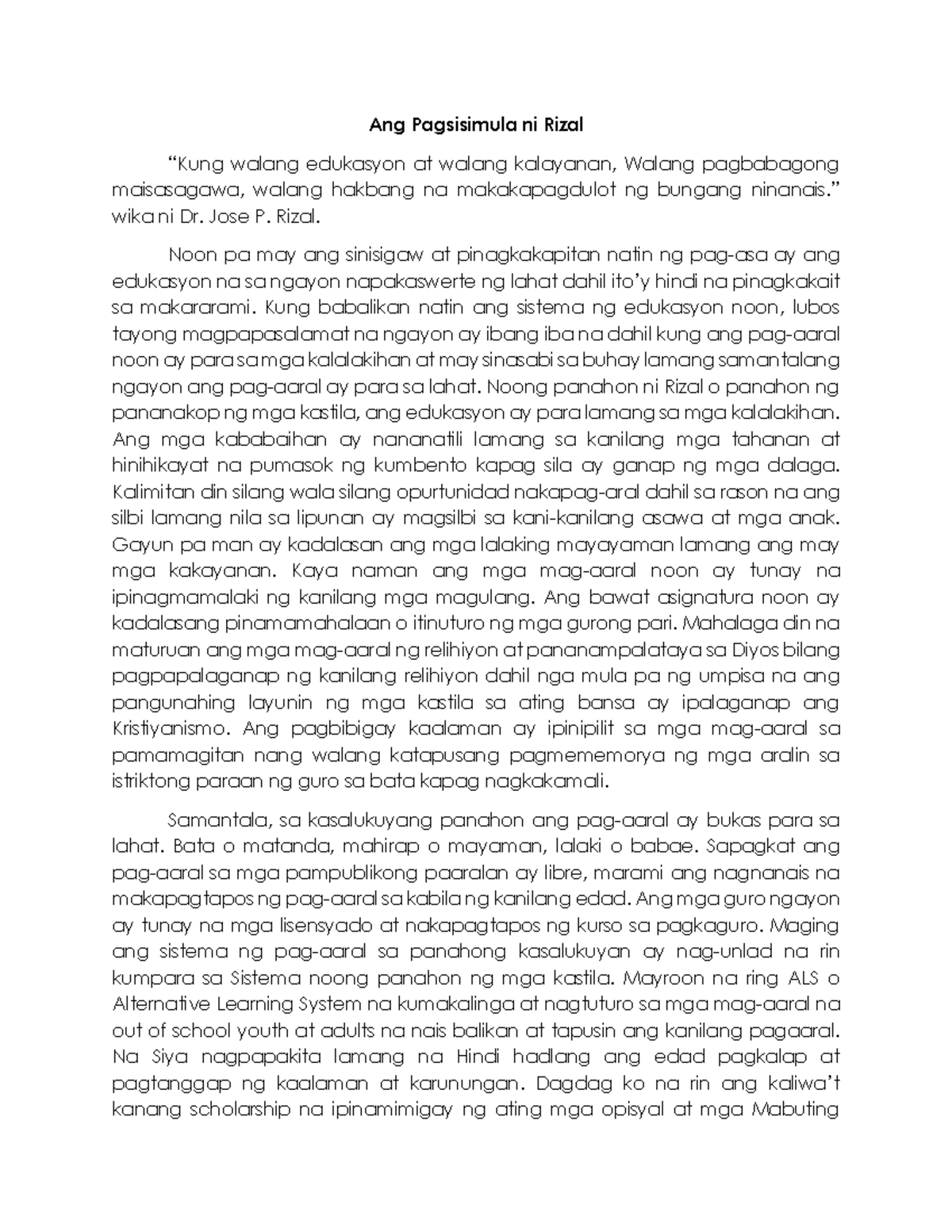 Ang Pagsisimula ni Rizal - Ang Pagsisimula ni Rizal