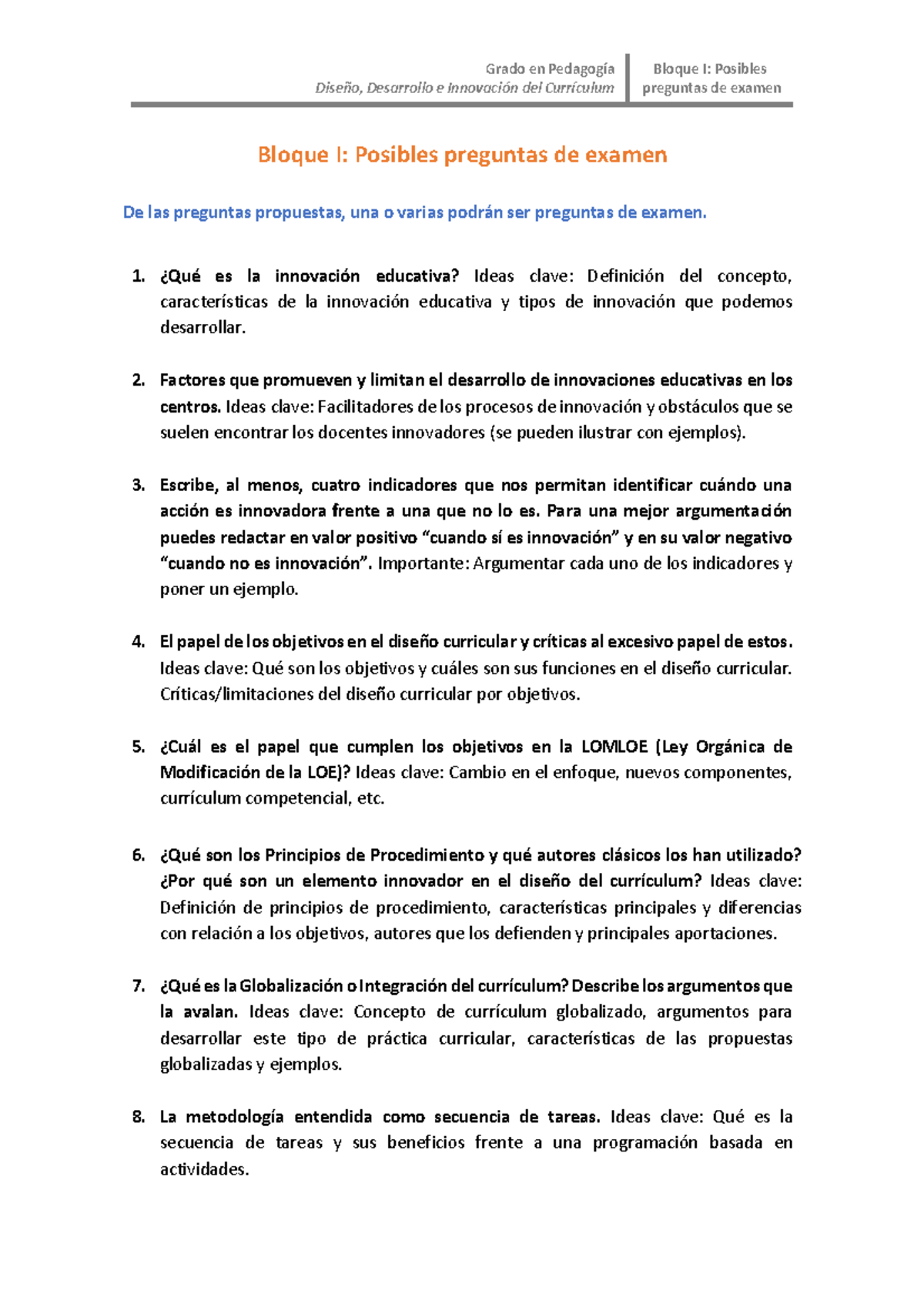 Posibles Preguntas Examen (Bloque I) - Bloque I: Posibles preguntas de examen De las preguntas ...