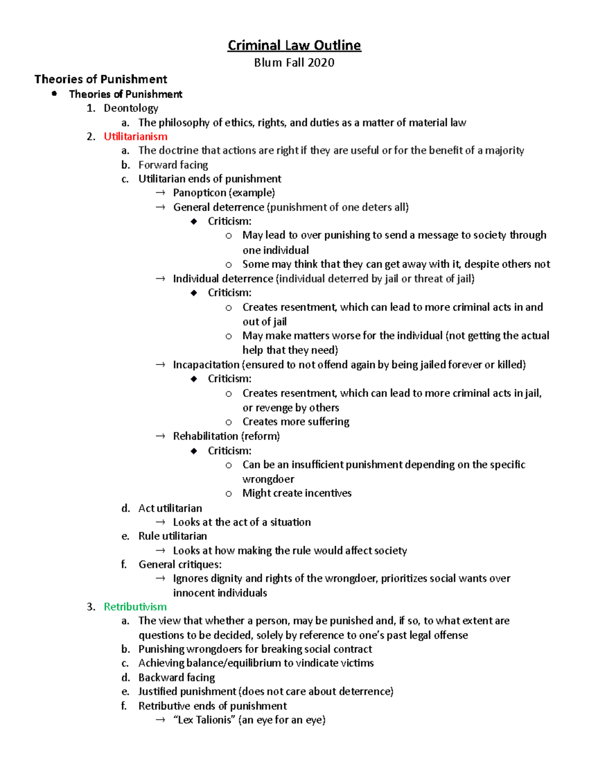 Criminal Law Outline - Criminal Law Outline Blum Fall 2020 Theories of ...