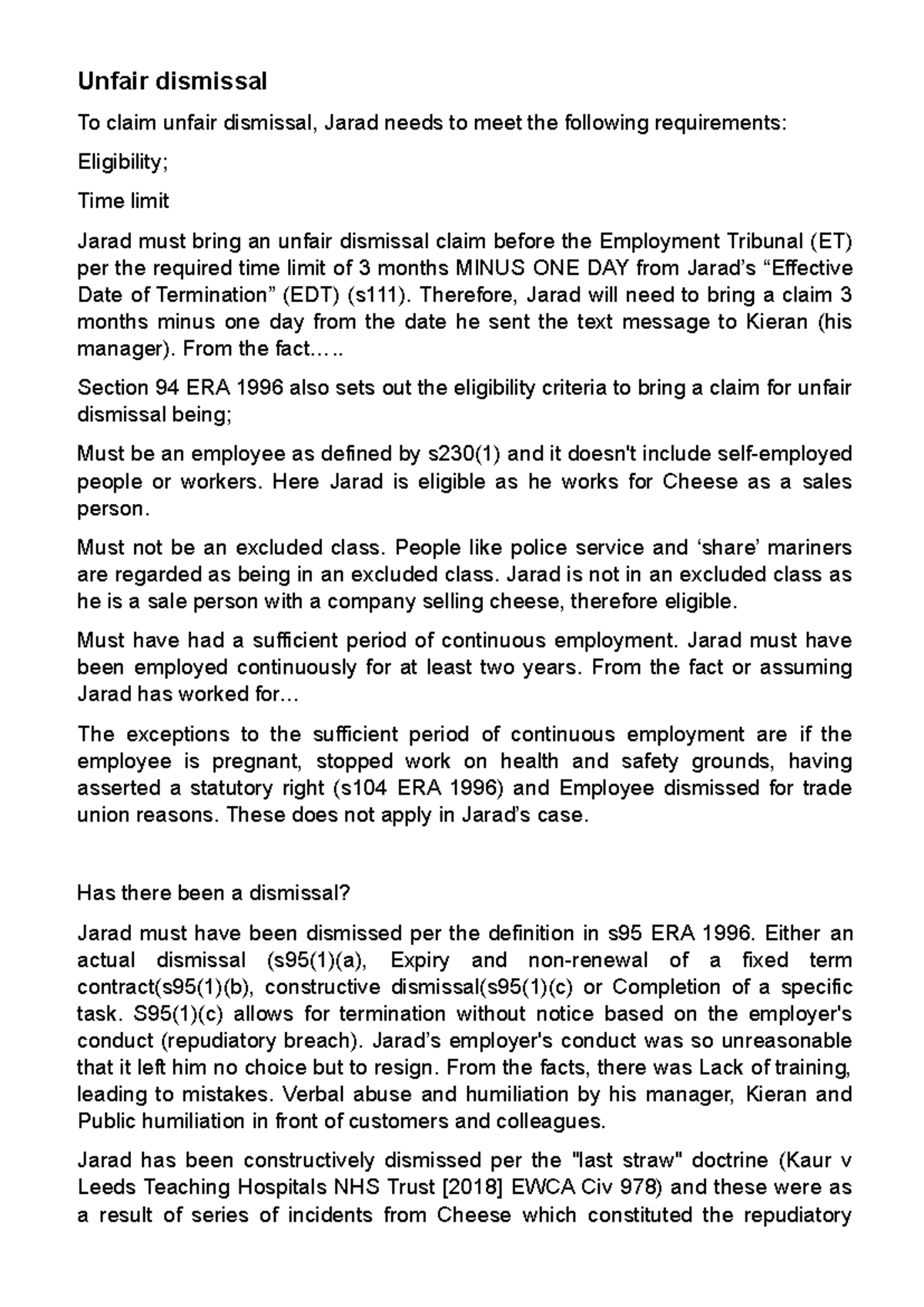 Employment law worked examples - Unfair dismissal To claim unfair ...