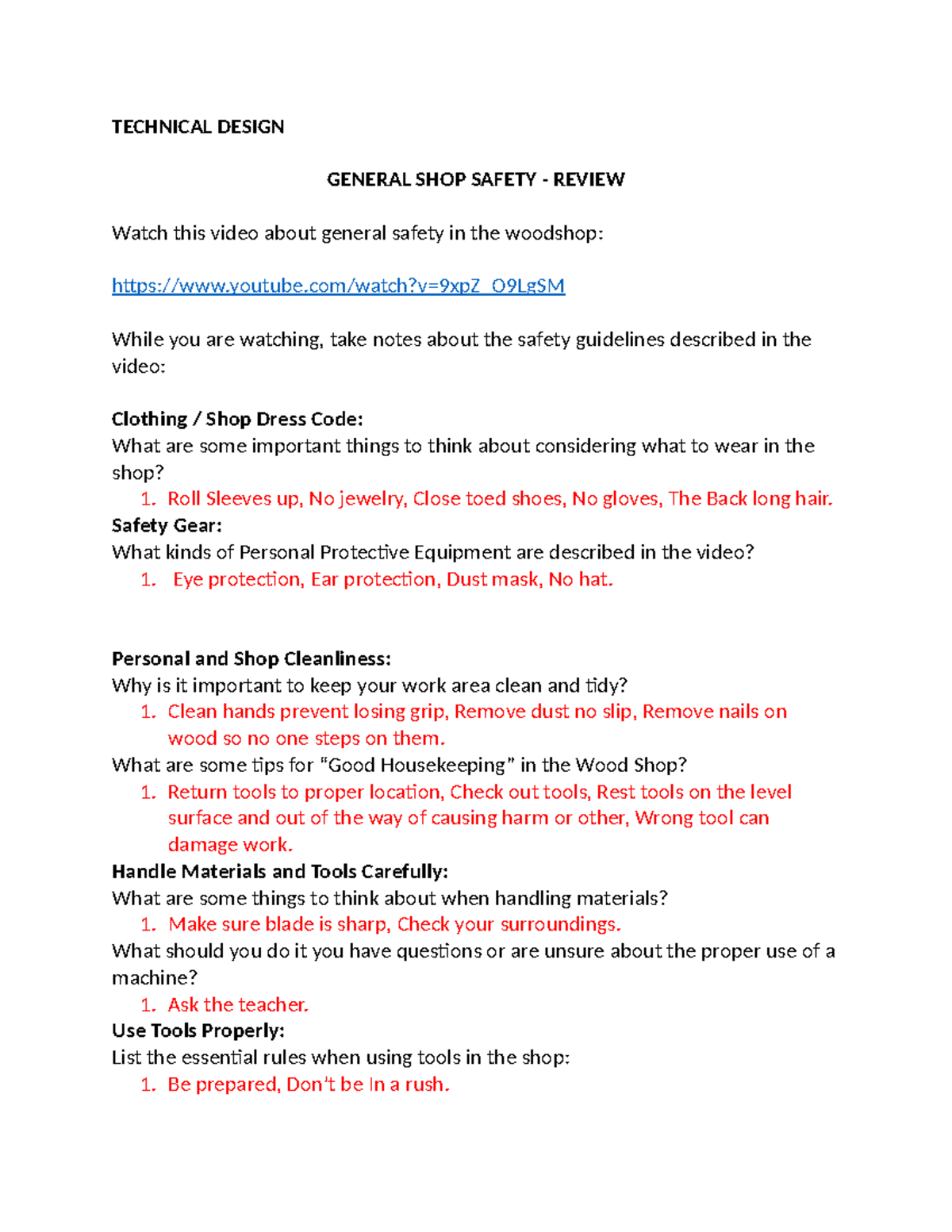 Safety in the Woodshop Worksheet-1 - TECHNICAL DESIGN GENERAL SHOP ...
