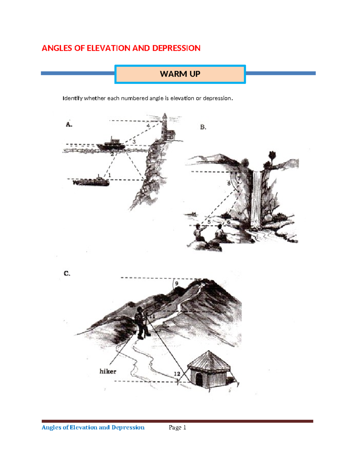 Worksheets angles of elevation and depression - ANGLES OF ELEVATION AND ...