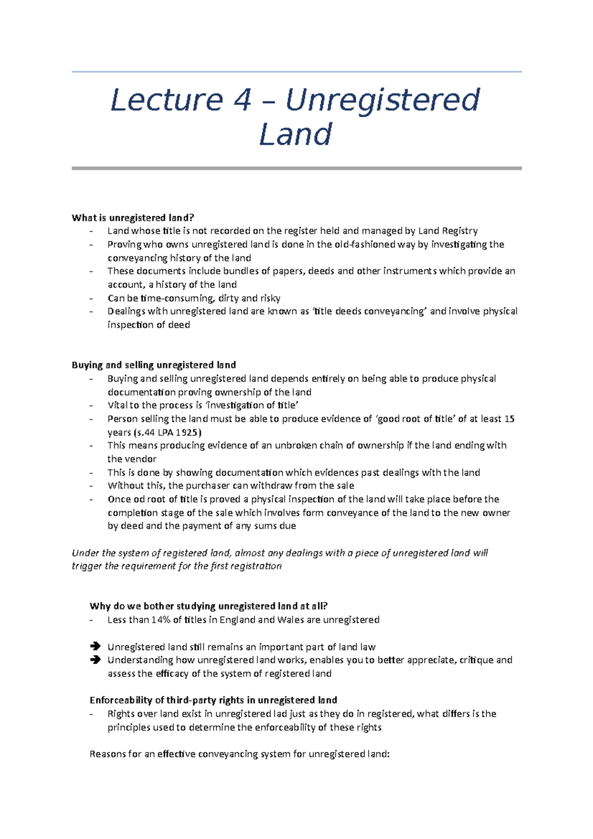 Week 4 - Unregistered Land - Lecture 4 – Unregistered Land What is ...