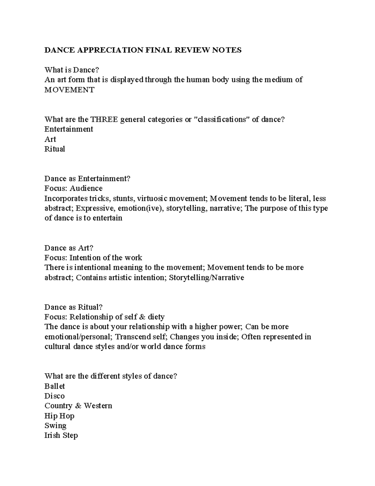 Dance Appreciation Final Review Notes - DANCE APPRECIATION FINAL REVIEW ...