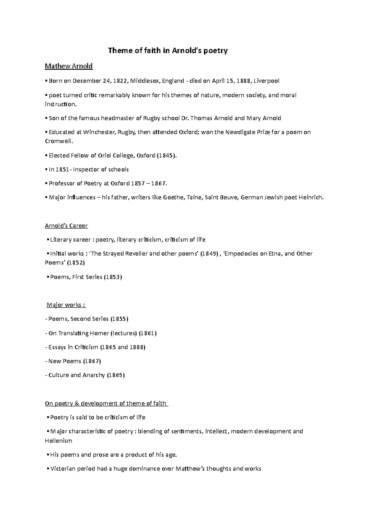 Theme of faith in Arnold - Son of the famous headmaster of Rugby school ...