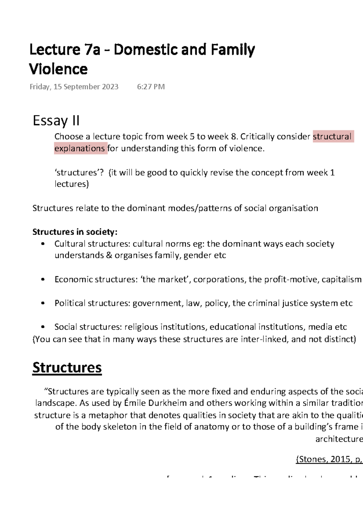 Lecture 7a - Domestic and Family Violence - Essay II Choose a lecture topic from week 5 to week ...