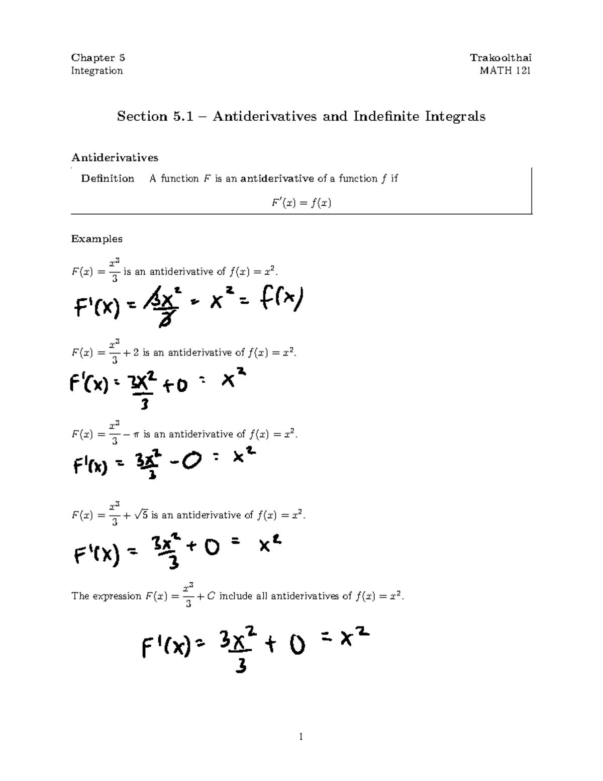 Filled in Chapter 5 Notes - Chapter 5 Integration Trakoolthai MATH 121 ...