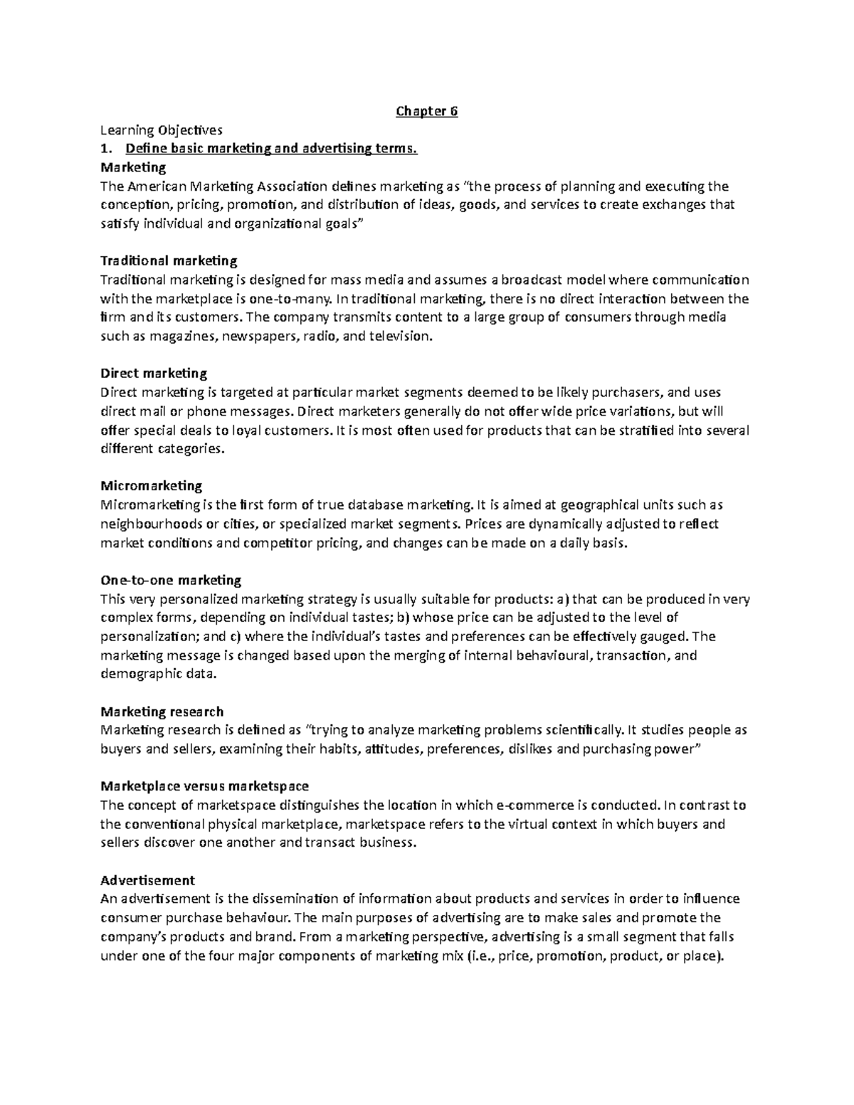 Chapter 6 - Chapter 6 Learning Objectives 1. Define basic marketing and ...
