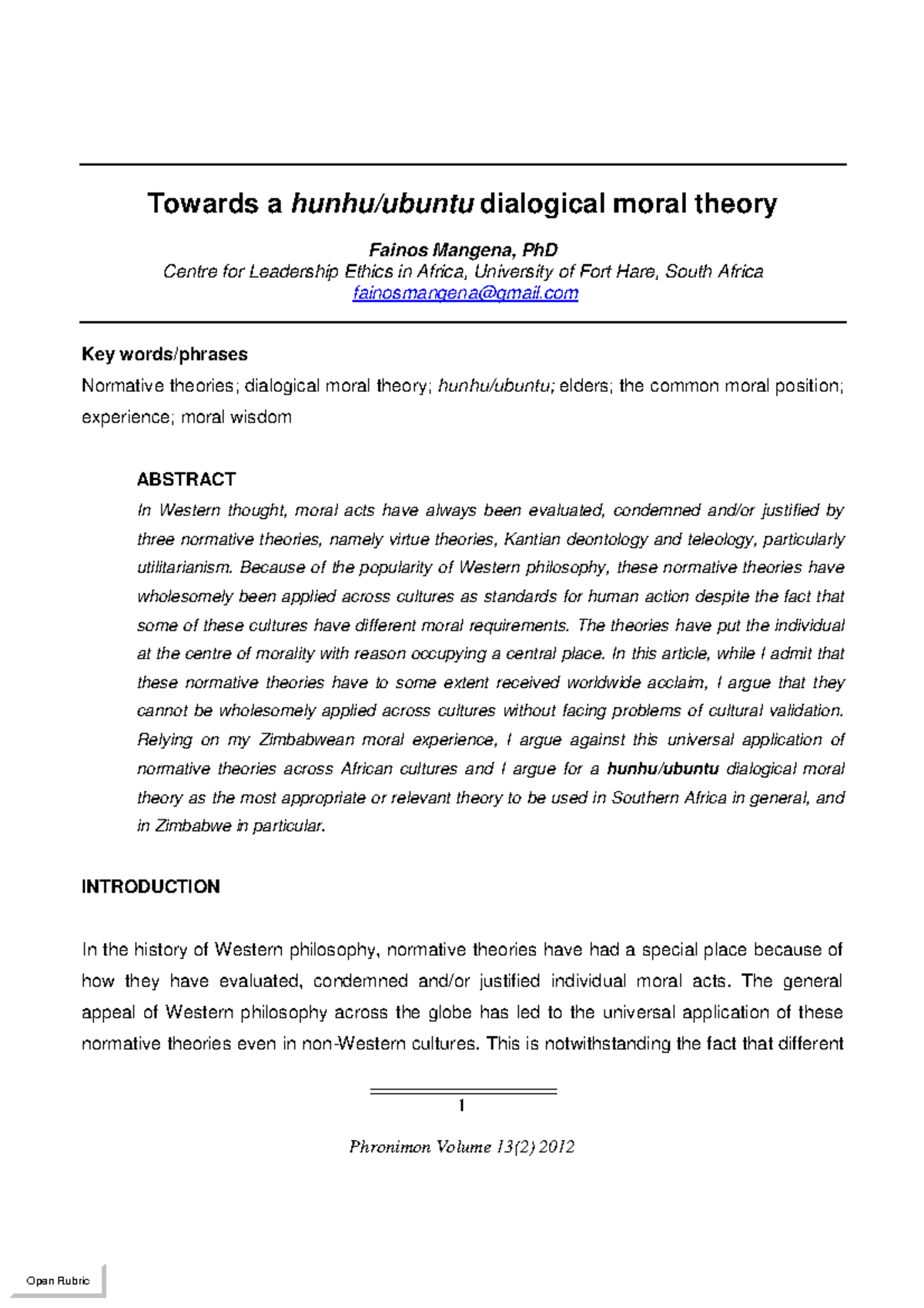 Prescribed Ubuntu Ethics - 1 Towards a hunhu/ubuntu dialogical moral ...
