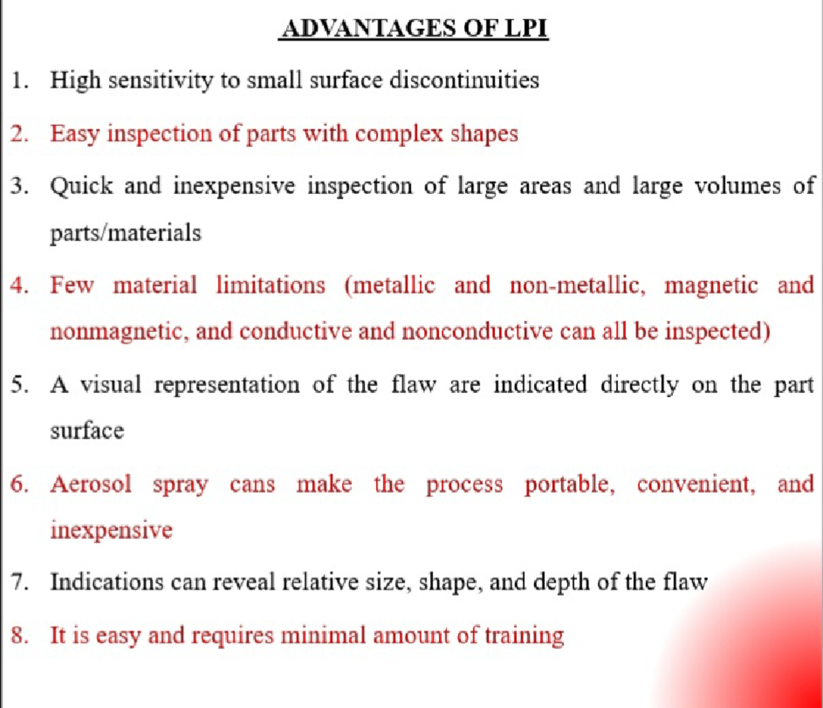 Advantages of liquid penetrant testing - ADVANTAGES OF LPI 1. High ...