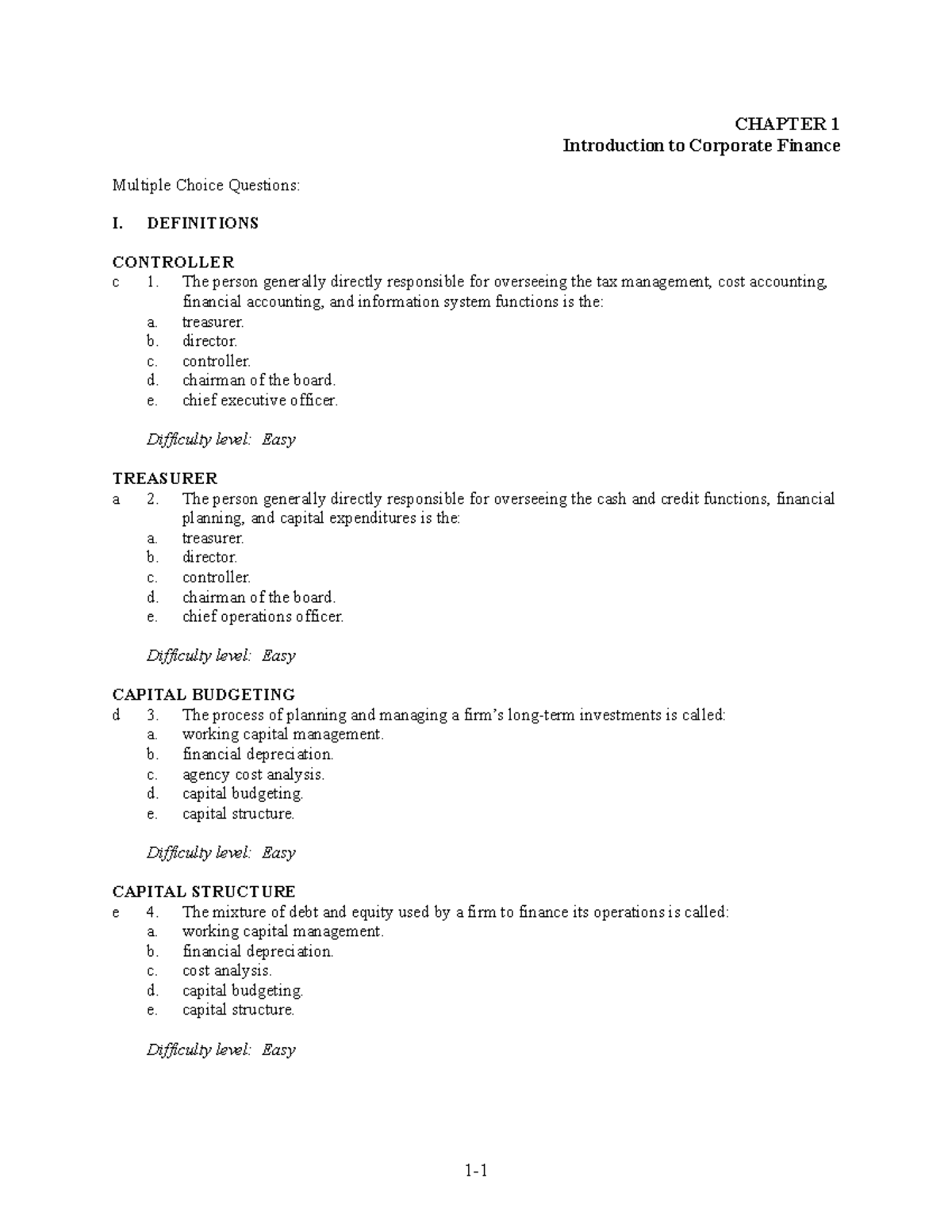 Chapter 001 - read - CHAPTER 1 Introduction to Corporate Finance ...