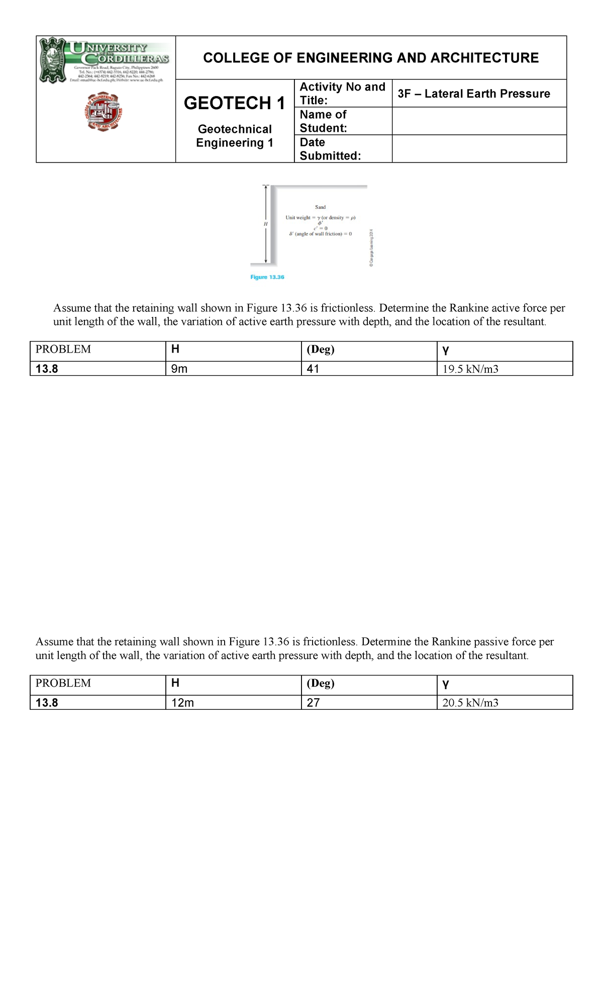 Activity 5F Geotech 1 - COLLEGE OF ENGINEERING AND ARCHITECTURE GEOTECH ...