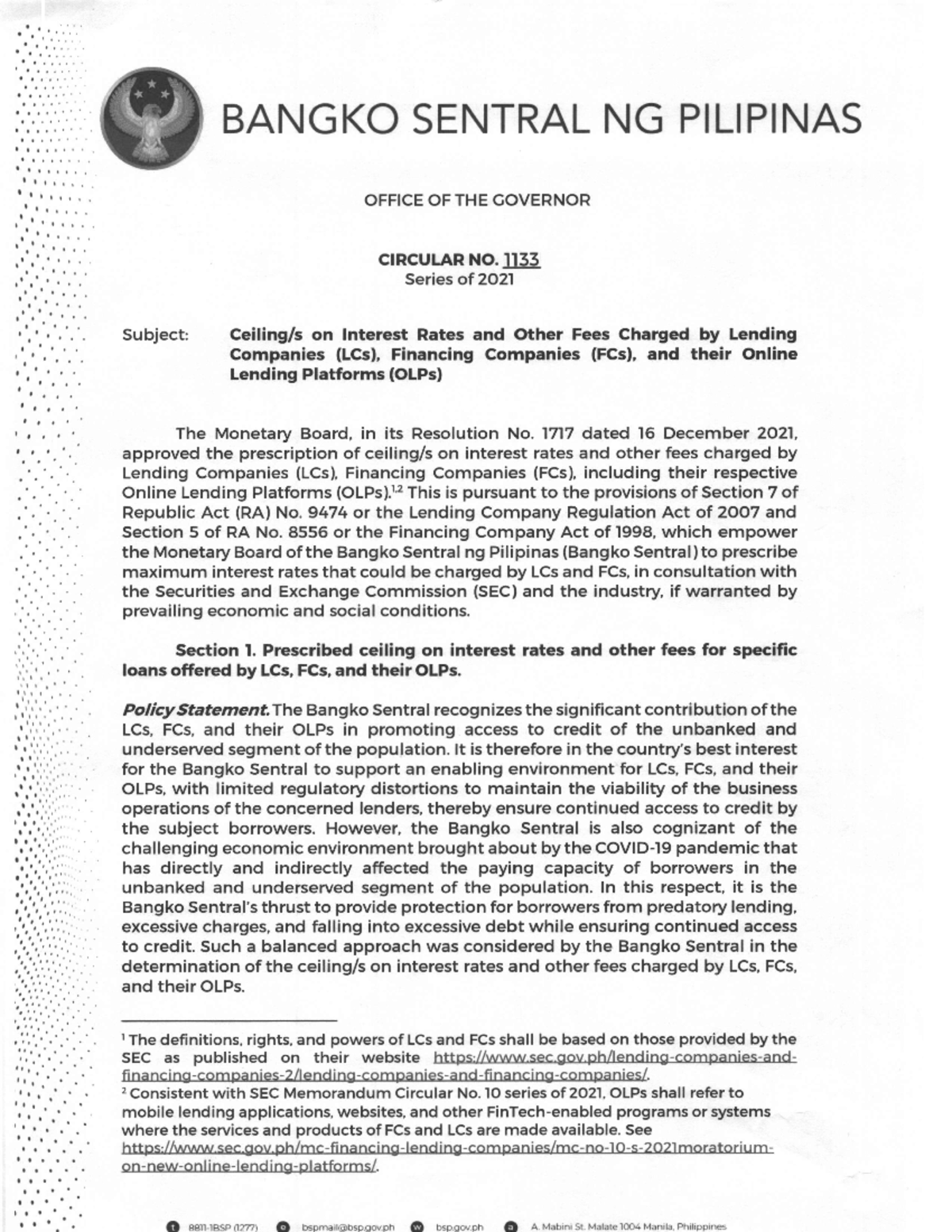 BSP Circular 1133 - Credit And Collection - Studocu